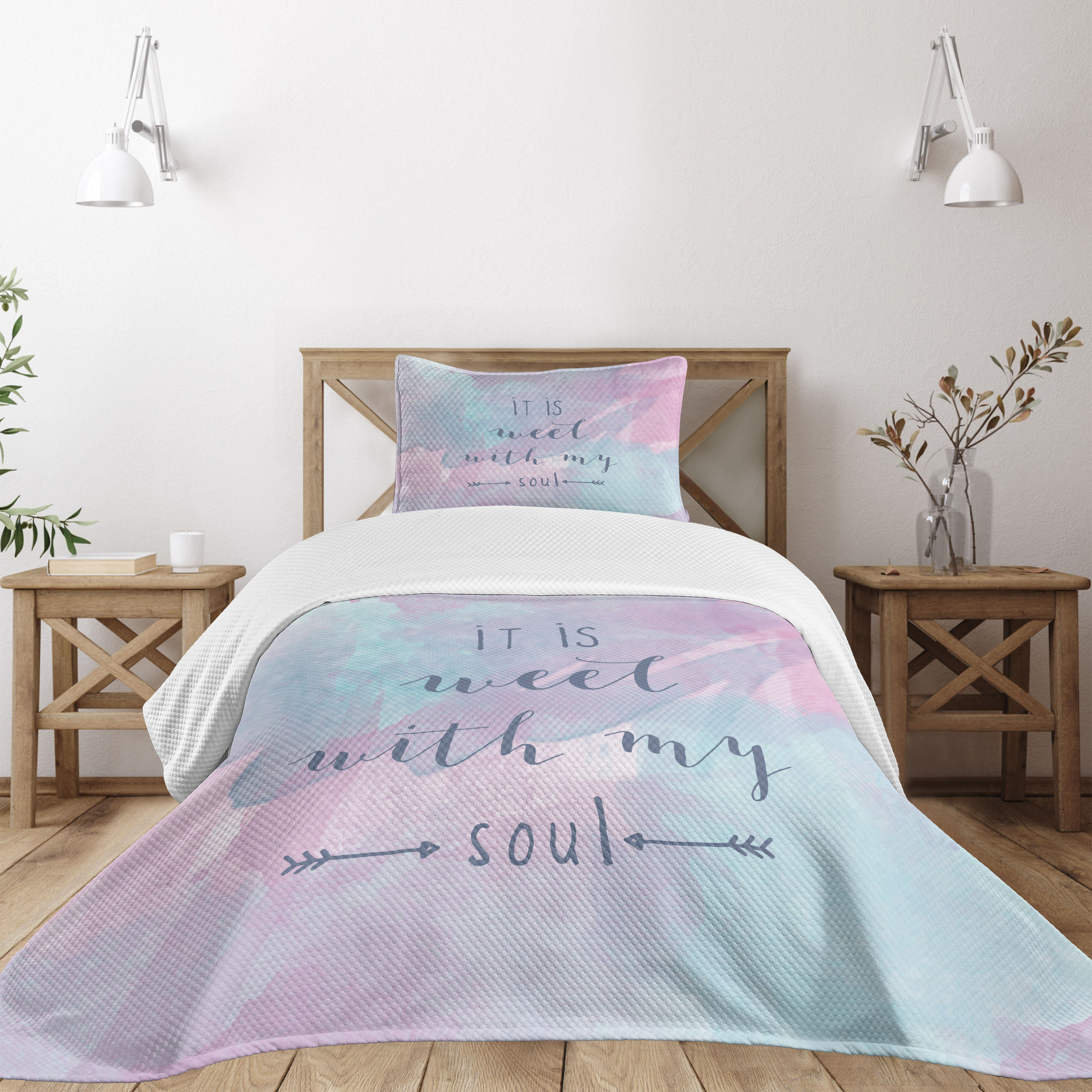 Ambesonne Inspirational Bedspread Set Positive Vibe Word Pale Blue Gray ...