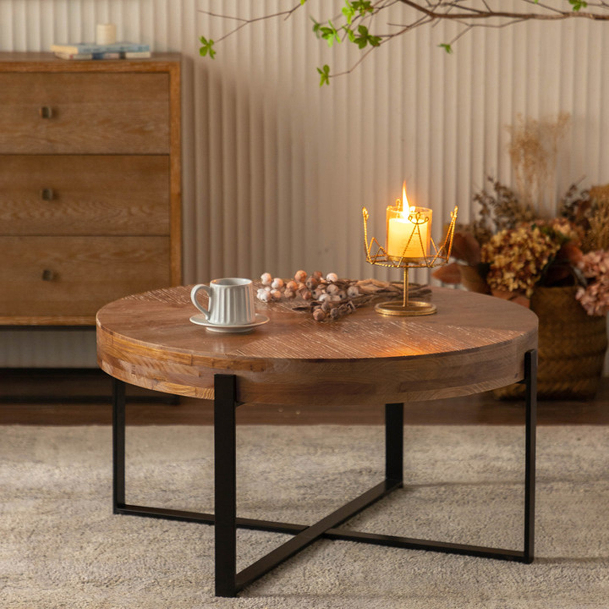 Ophelia & Co. Round Coffee Table, Fir Wood Table Top With Cross Legs ...