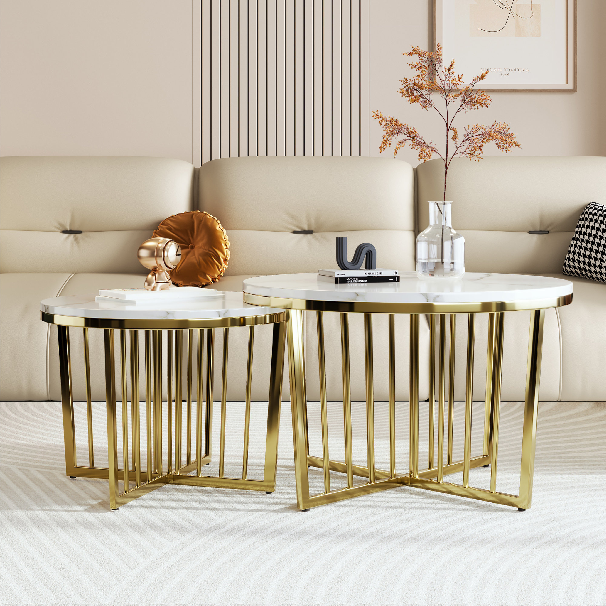 Mercer41 Modern Round Nesting Coffee Table Set 2-Piece White & Marbling ...