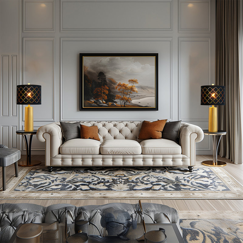 Everly Quinn 24” Golden Pillar Lamp Set With Black Grided Shade(Set Of ...