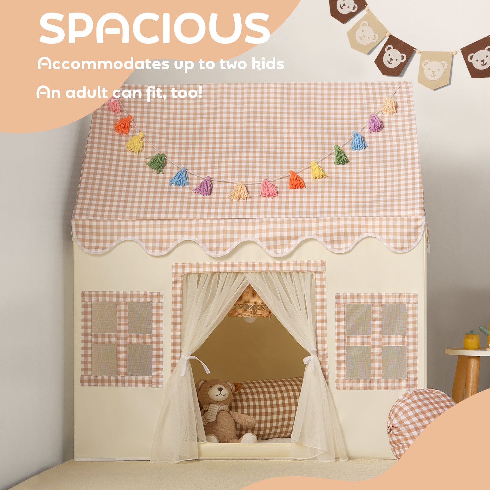 wilwolfer Kids Play Tent with Brown Checkered Mat and Star Lights for ...
