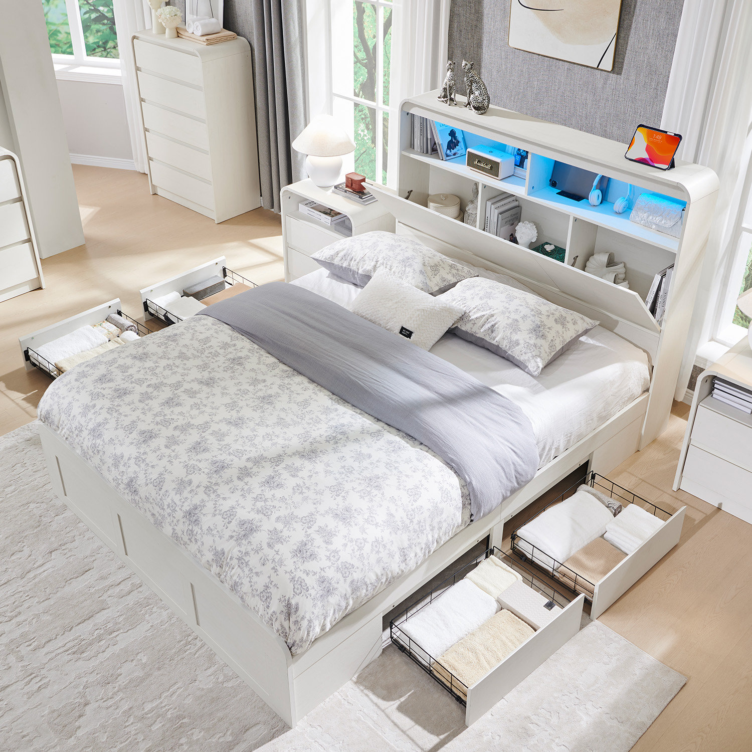 Lark Manor™ Modern LED Light Bed Frame with 50" Tall Storage Headboard ...