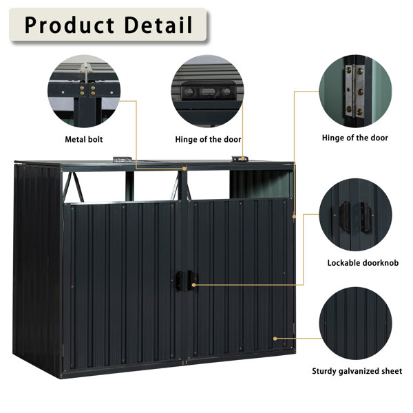 iYofe 63"L Outdoor Garbage Bin Storage Shed, Galvanized Steel, Lockable ...