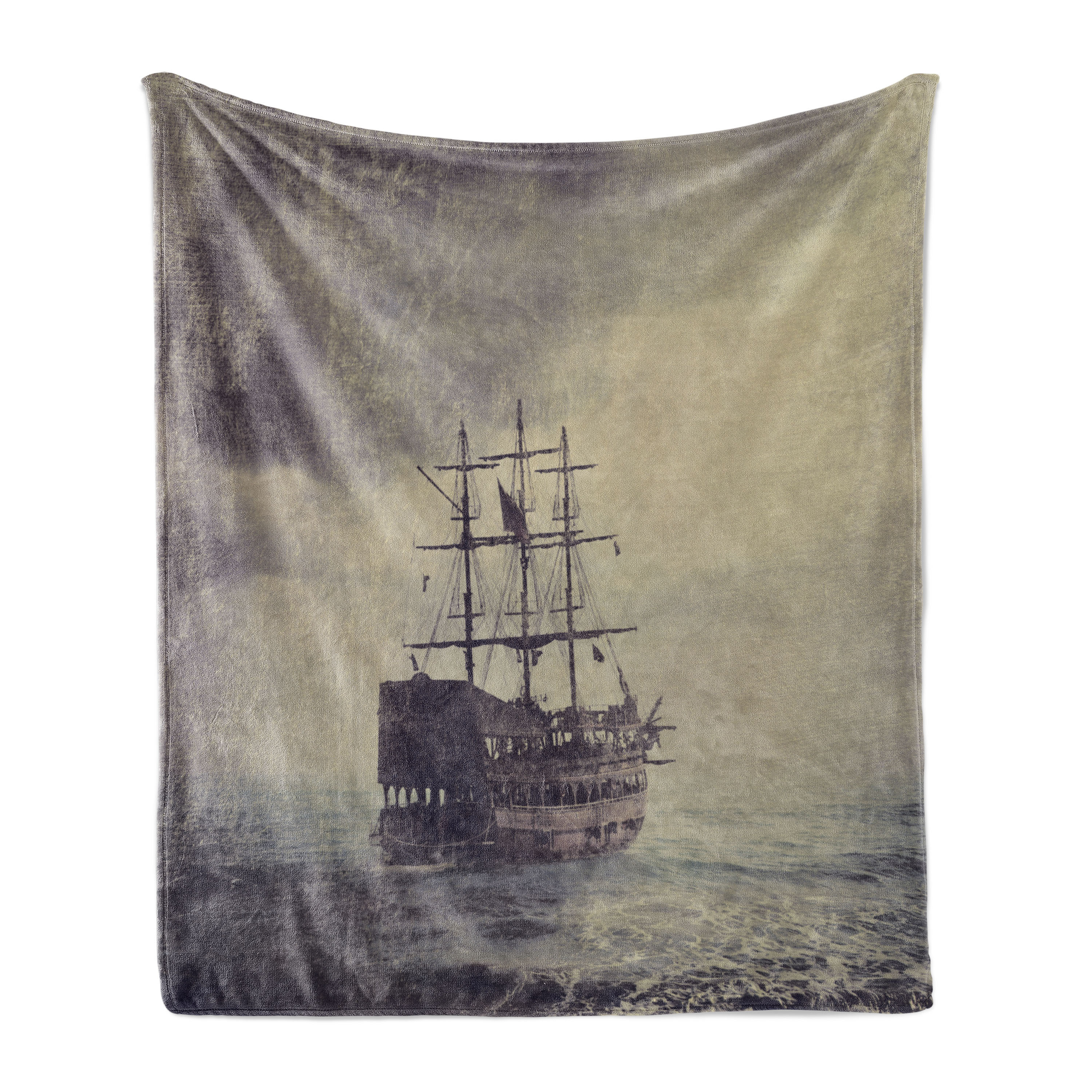 Ambesonne Nautical Fleece Throw Blanket Old Pirate Ship in Sea Plum Tan ...