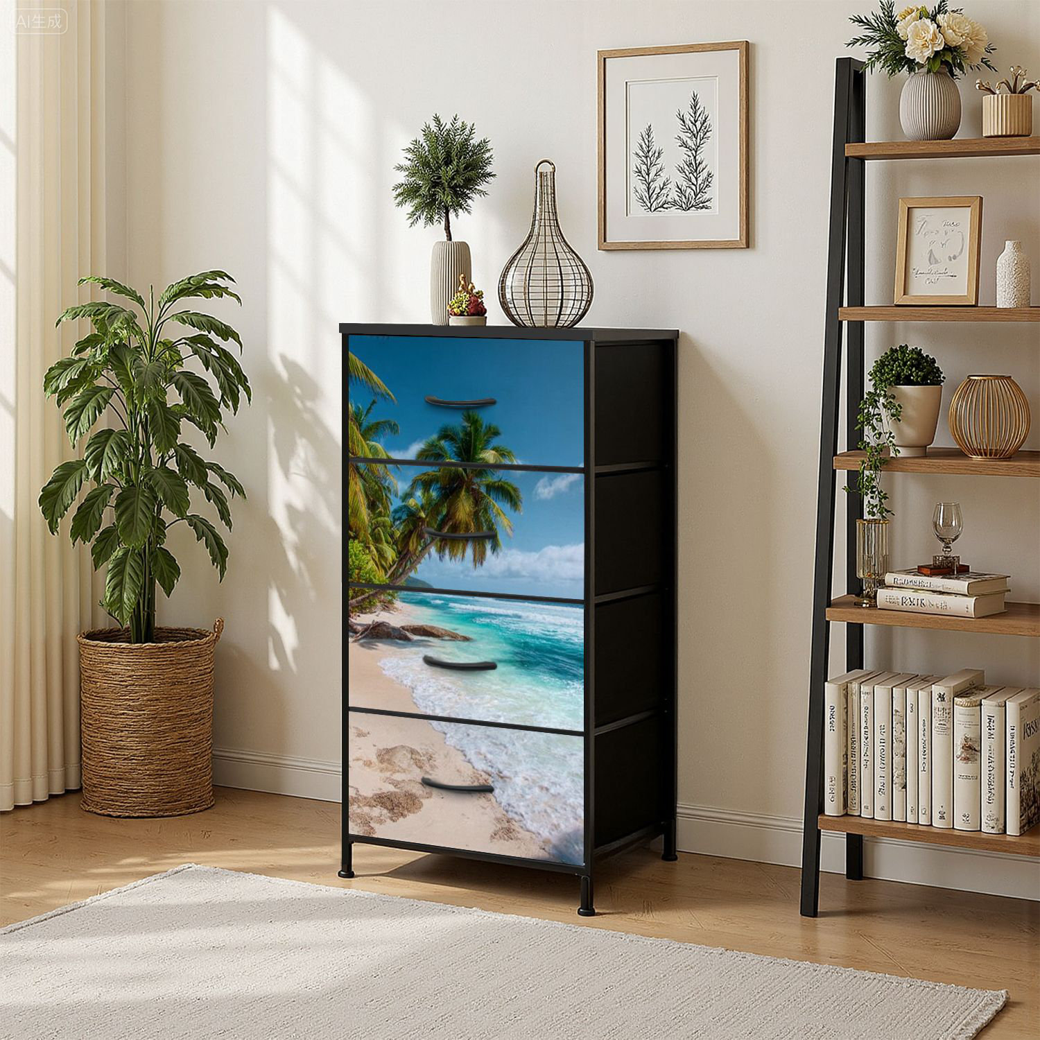 East Urban Home 4 Drawer Vertical Storage Dresser Coconut palms sunny beach turquoise sea with ...