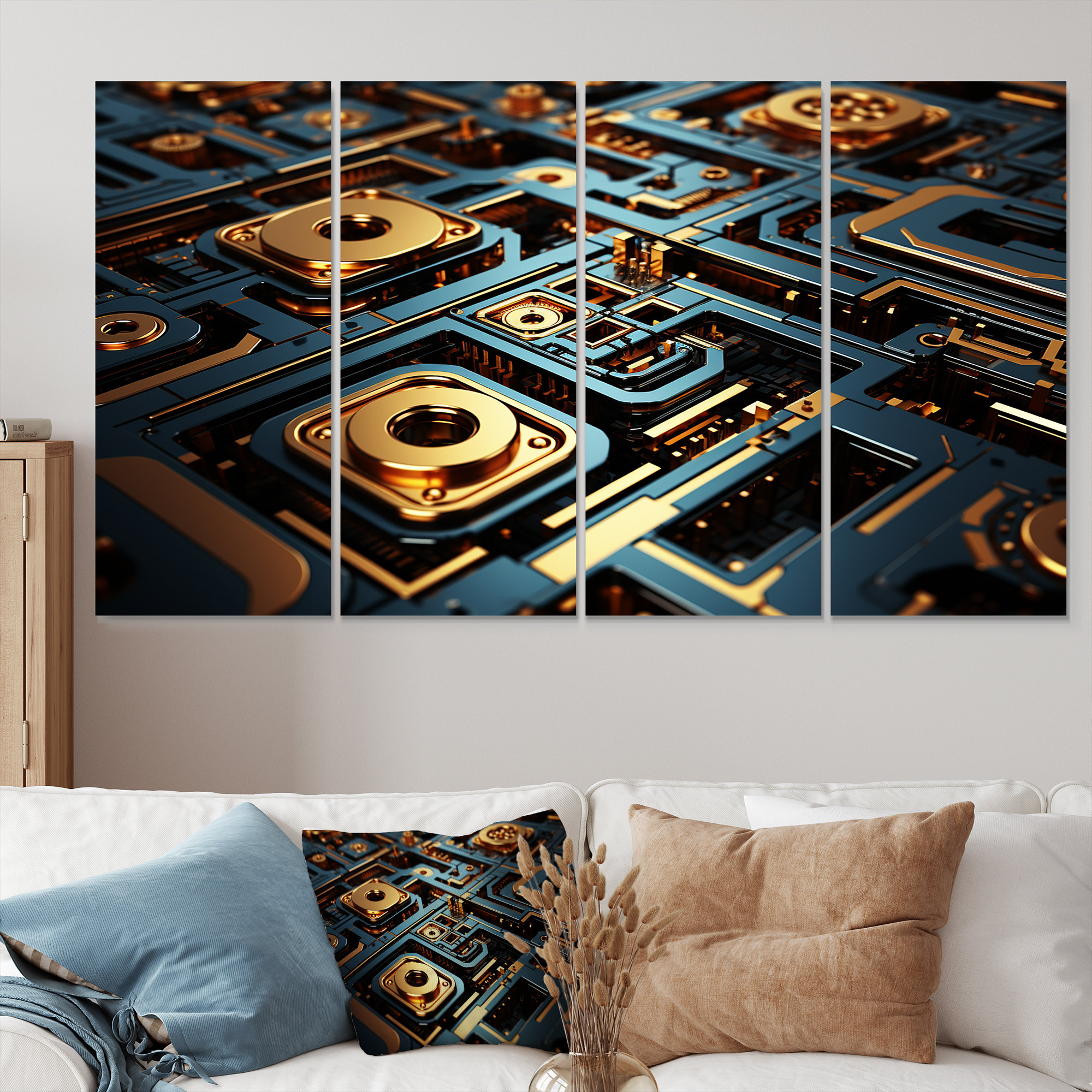Ivy Bronx Blue Gold Mainframe Mechanics - Abstract Wall Art 4 Piece ...