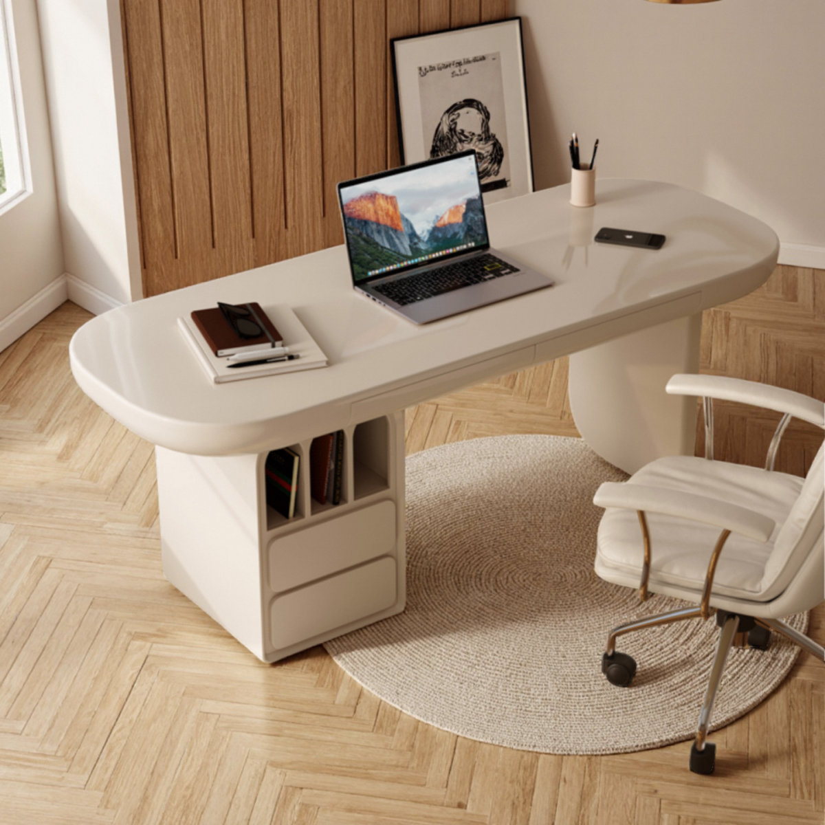 Orren Ellis Modern Minimalist Wooden Cream Writing Desk | Wayfair