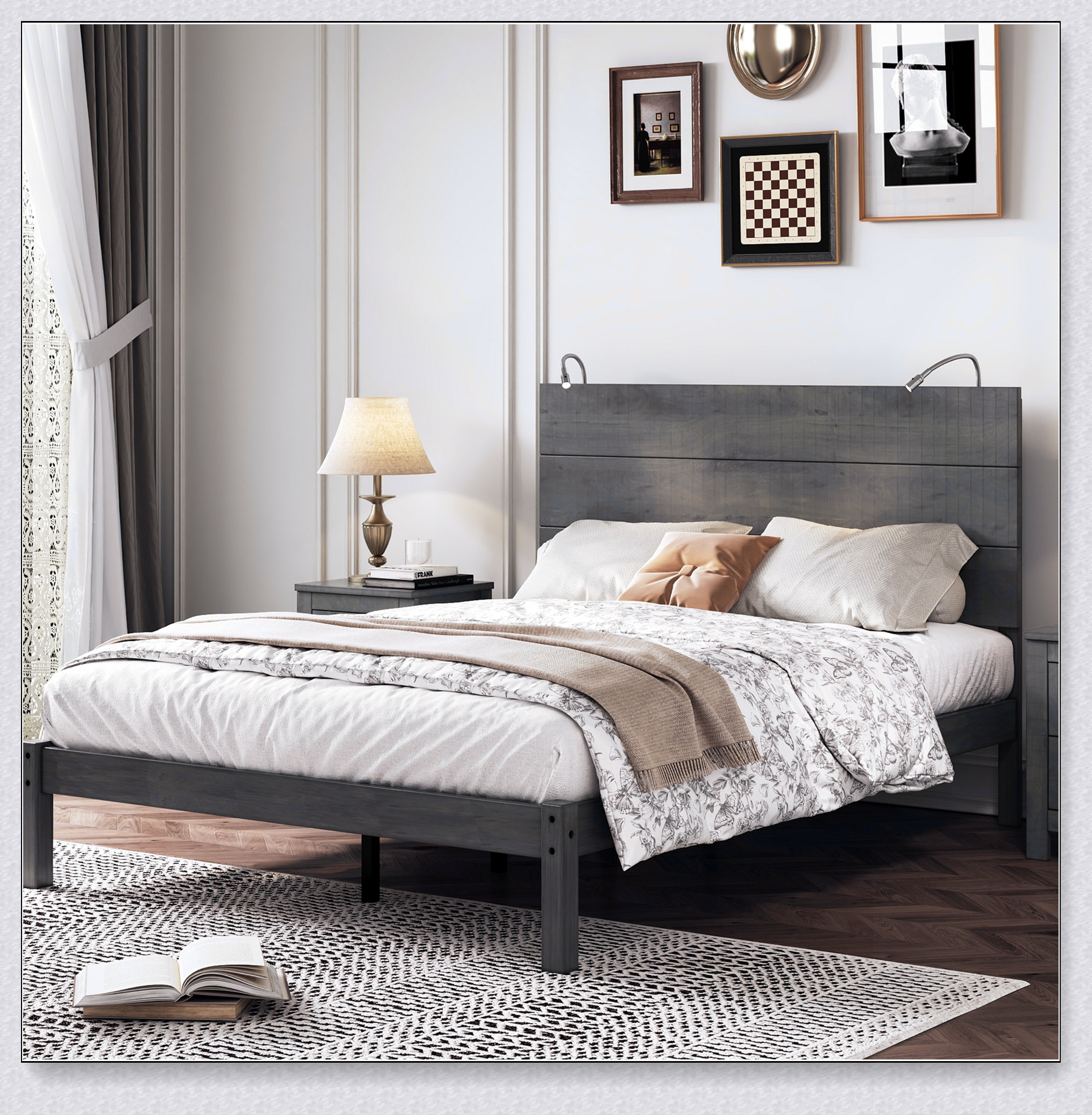 Wrought Studio™ Farmhouse Wooden Platform Bed, Modern Platform Bed With ...