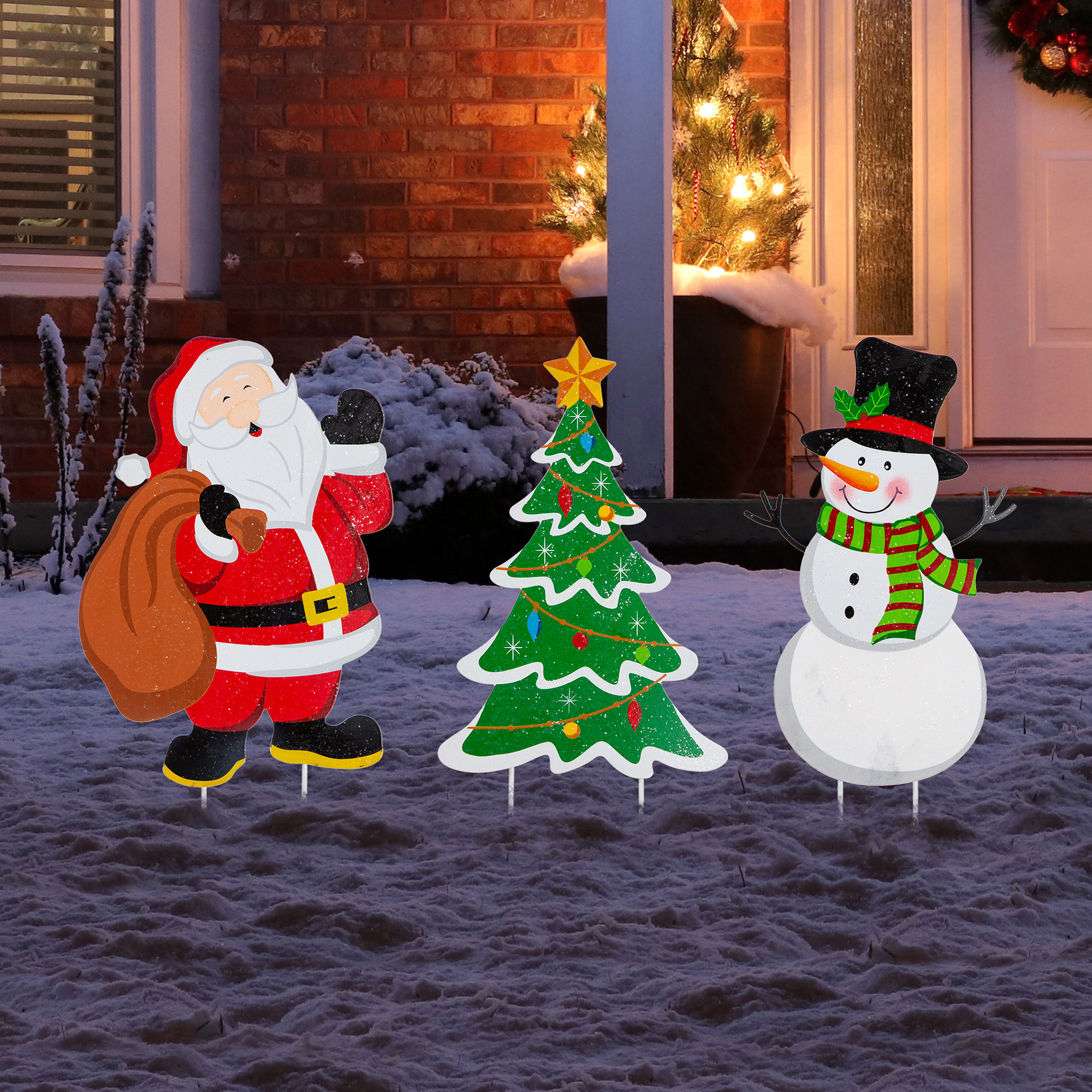 The Holiday Aisle® 24"H 3-Piece Metal Christmas Santa/Snowman/Tree Yard ...