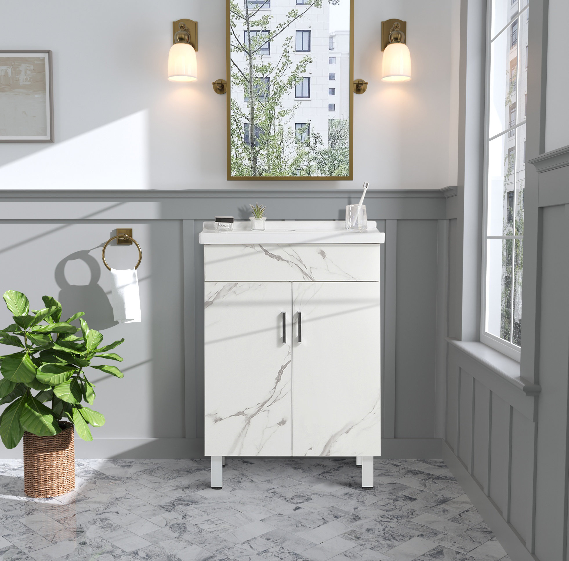 Wrought Studio™ 24-inch marble-textured bathroom cabinet with ceramic ...