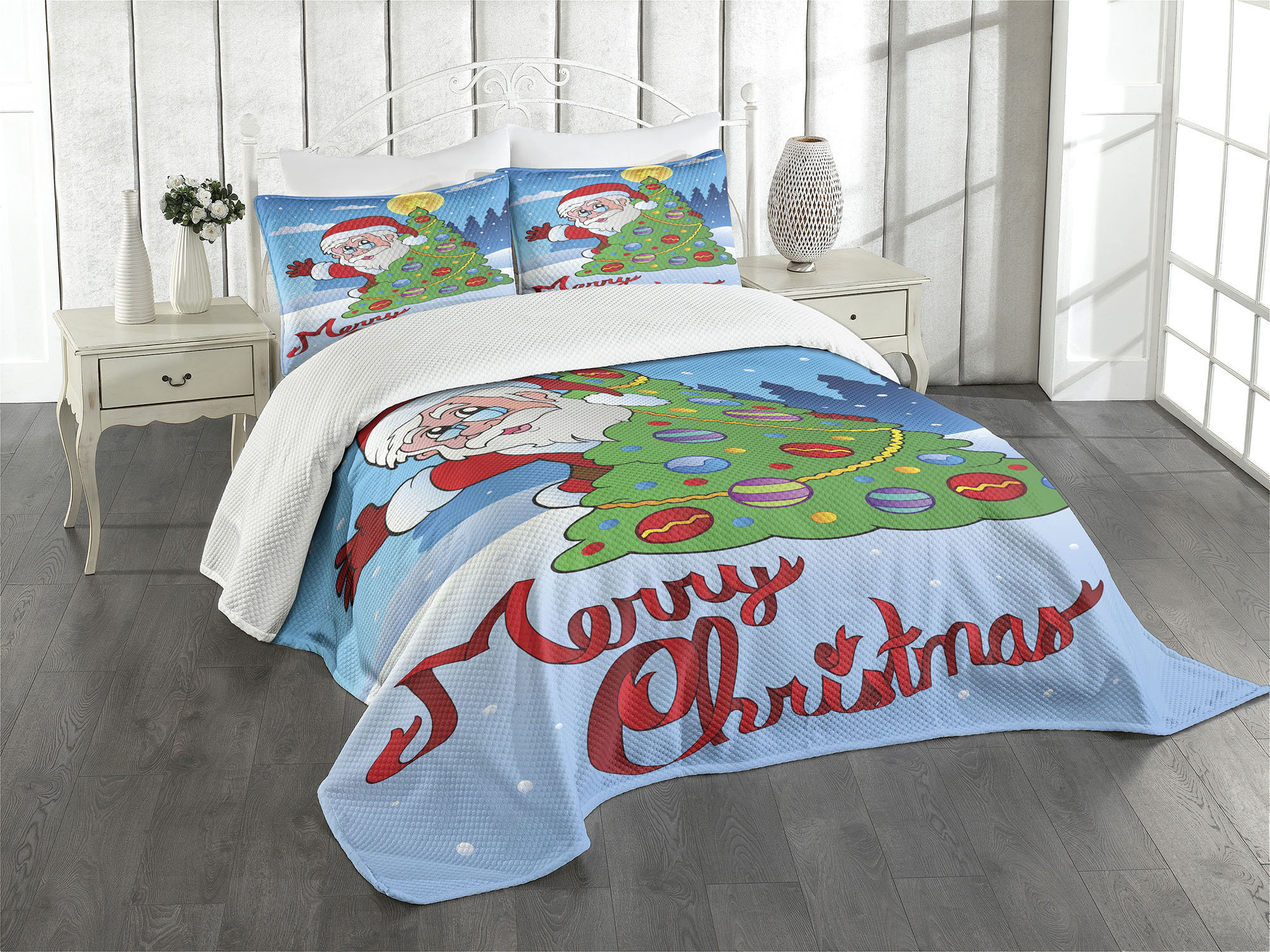 Ambesonne Santa Bedspread Set Tree Snowy Forest Multicolor | Wayfair