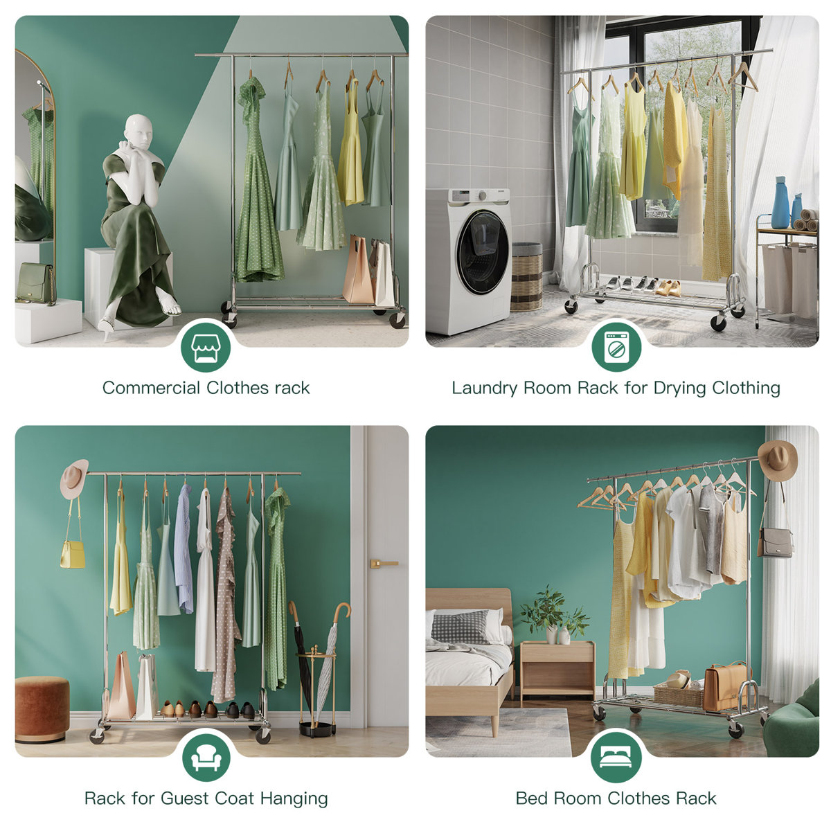 Rebrilliant Mardelle 460 LBS Clothes Hanging Rack Metal Clothes Rack ...