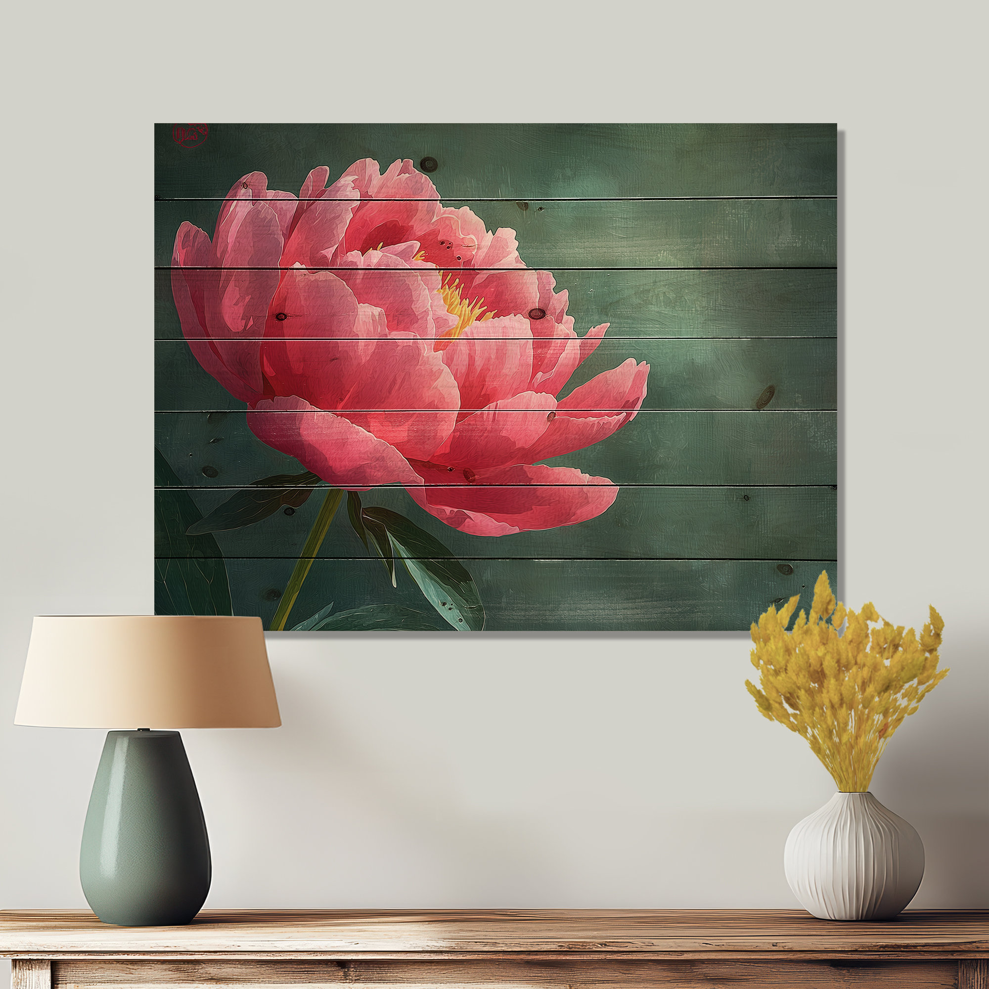Ophelia & Co. Summer Peony In Full Bloom II - Peony Wood Wall Decor - On Natural Pine Wood ...