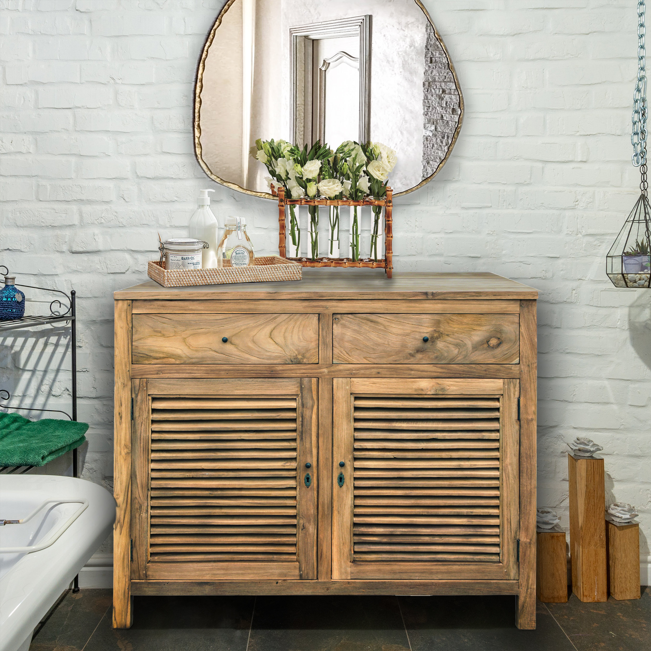 Chic Teak Recycled Teak Wood Tarragona Bathroom Linen Cabinet With 2 ...