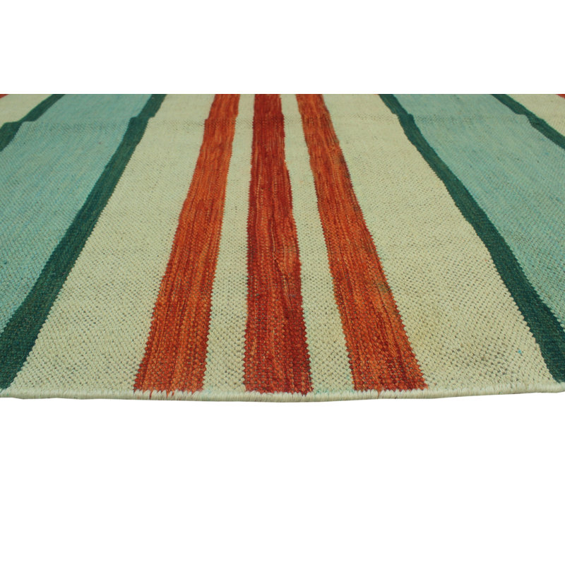 Latitude Run® Ames Striped Hand-Woven Wool Ivory/Green/Orange Area Rug ...
