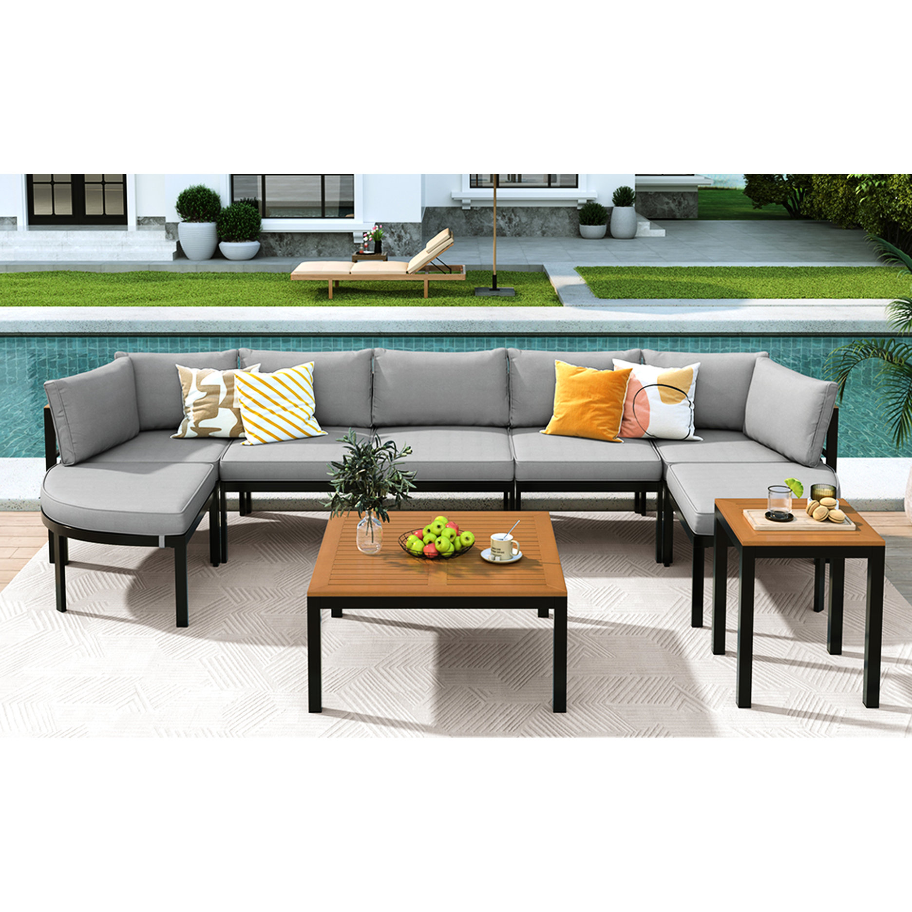 Latitude Run® Modern Backyard Sectional Grey - Iron Frame, Waterproof ...