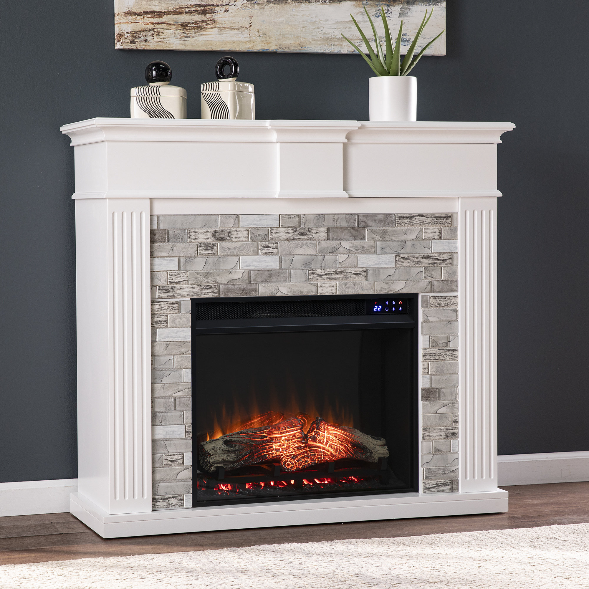 Darby Home Co Eseli Electric Fireplace With Faux Stone Surround, White ...