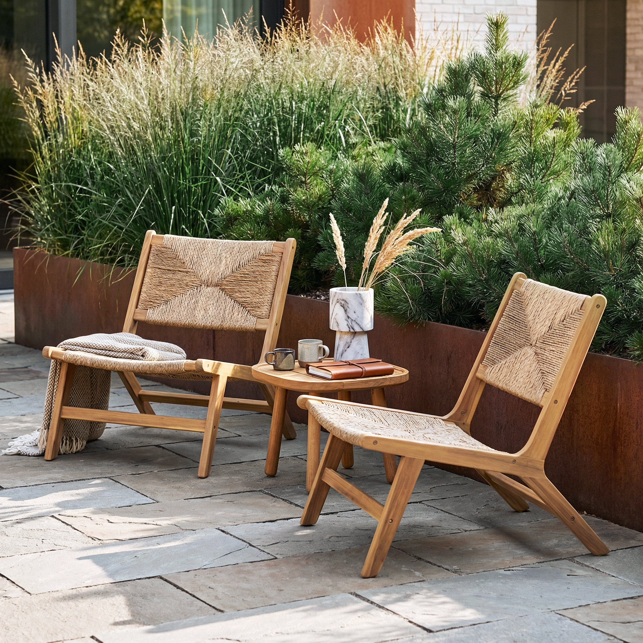 Ebern Designs Bhaktivinod Patio Acacia Wood & PE Rattan Lounge Chairs ...
