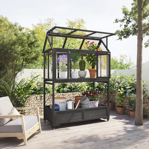 Arlmont & Co. Garden Wood Portable Cold Frame With Movable Wheels Mini ...