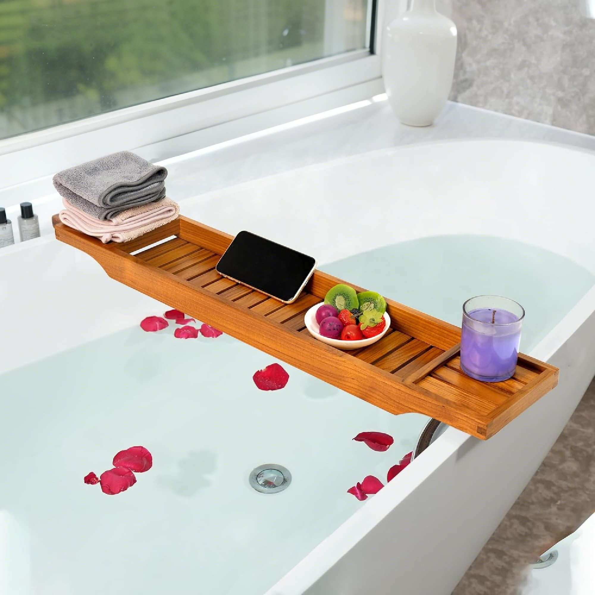 Red Barrel Studio® Freestanding Premium Teak Bathtub Tray With Slatted ...