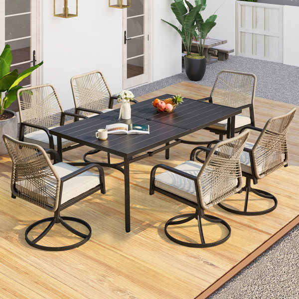 EROMMY 7-piece Outdoor Patio Dining Set, 6 Woven Rattan Swivel Chairs ...