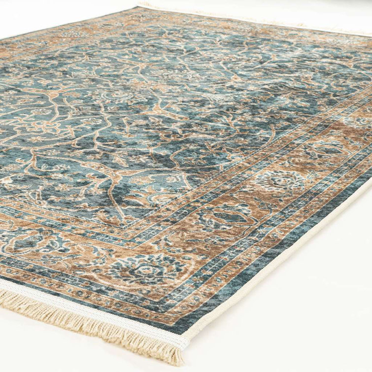 Charlton Home® Alfa Rich Clemts Ultra-Thin Oriental Blue Gold Non-Slip ...