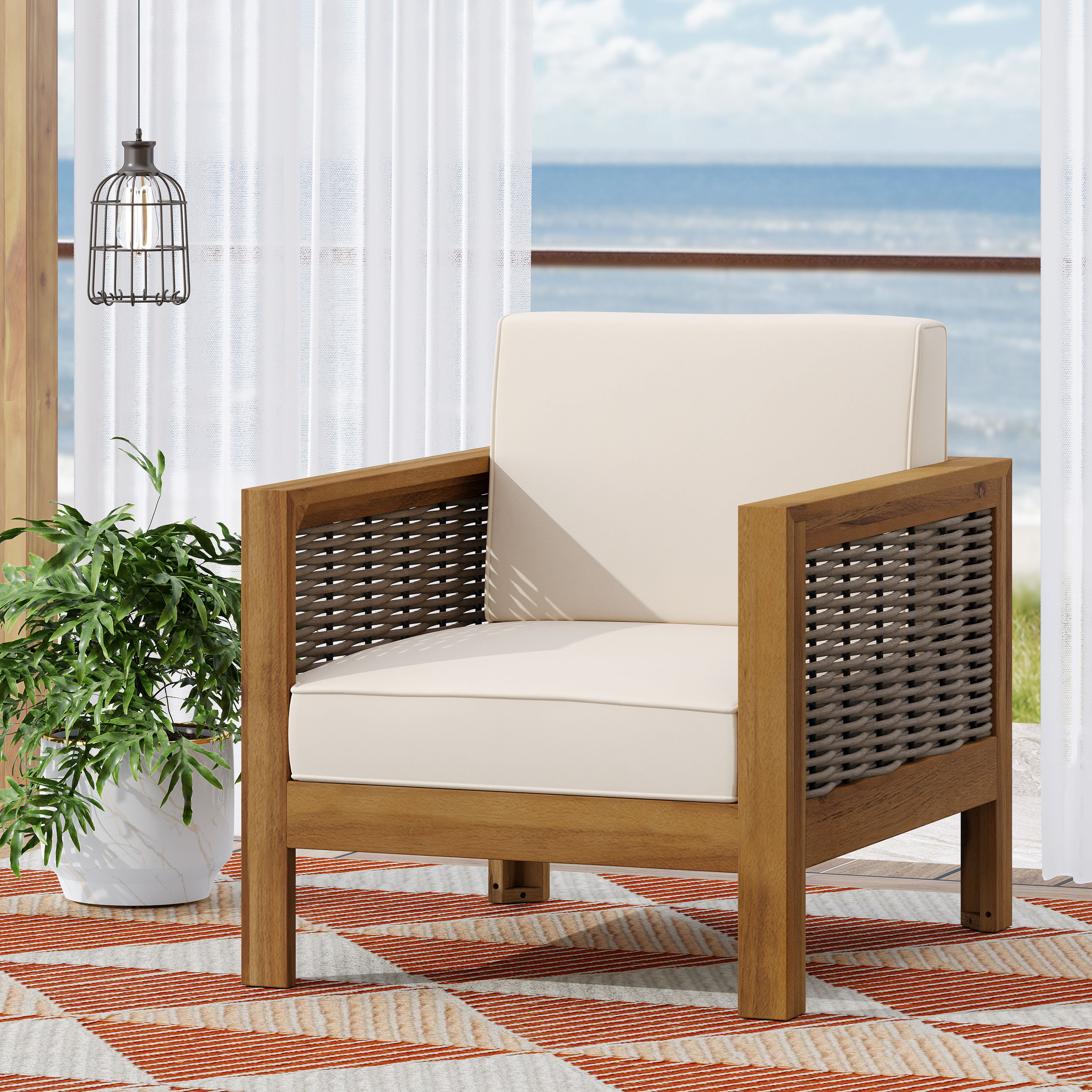 Dakota Fields Outdoor Acacia Wood Club Chair with Wicker Accents and ...