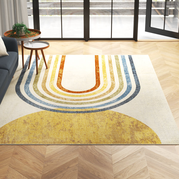 Wade Logan® Sunny Machine Washable Modern Cream/Yellow Area Rug ...