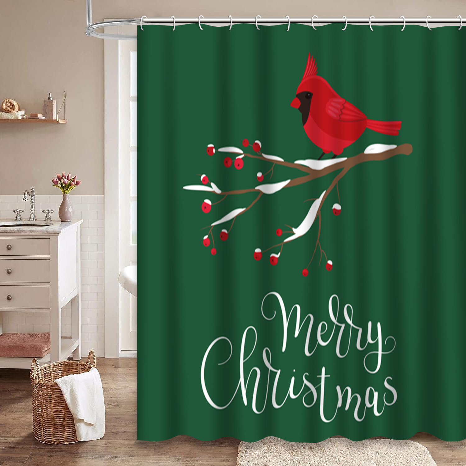 The Holiday Aisle® Red Waterproof Shower Curtain,Cardinal Bird Sitting ...