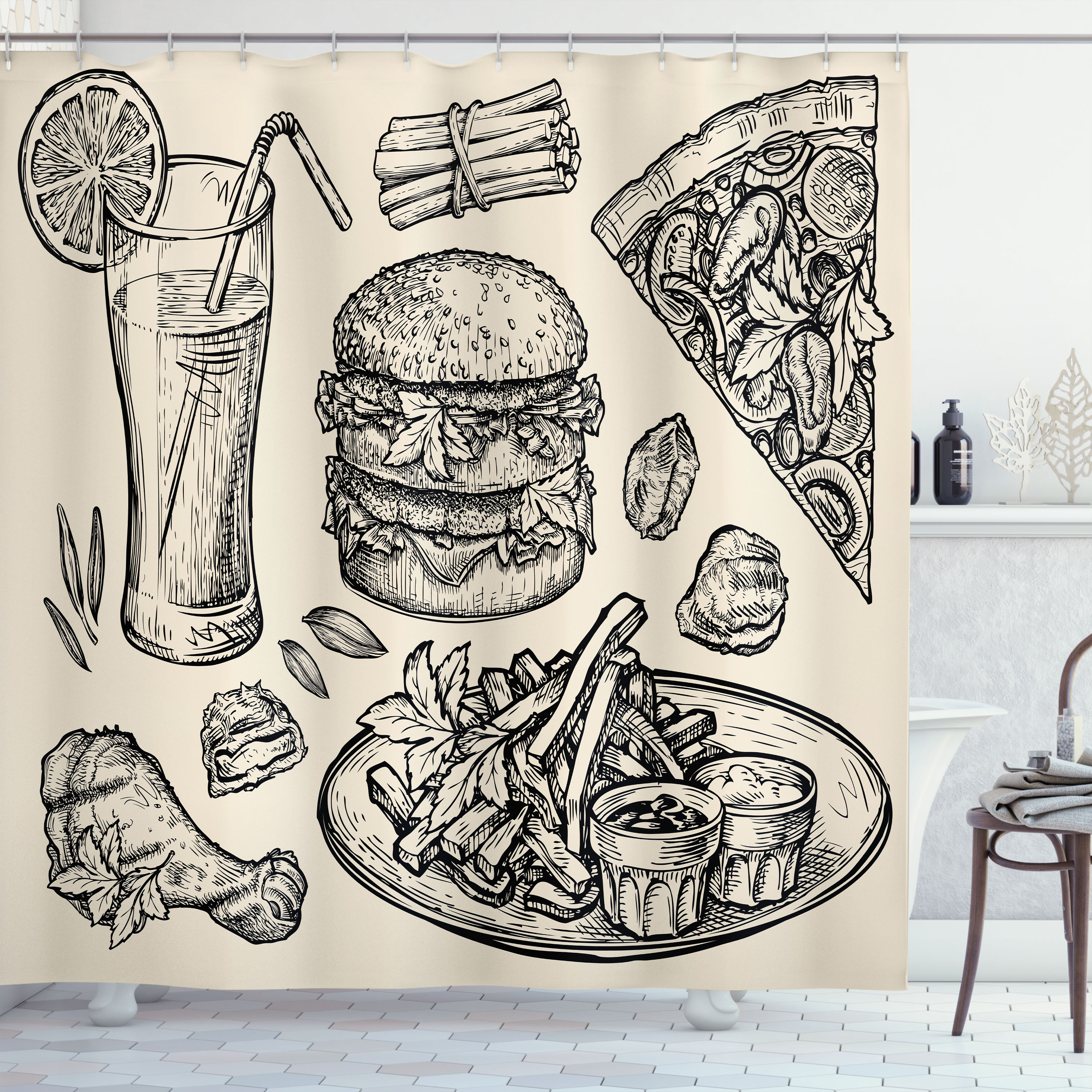 East Urban Home Fast Food Shower Curtain Pizza Burger Lemonade Beige ...