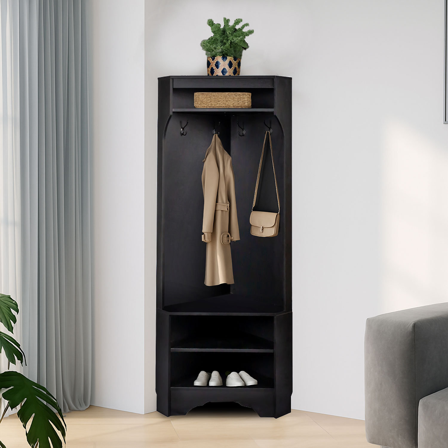 Latitude Run® Space-Saving Corner Hall Tree with Storage Bench, Hooks ...