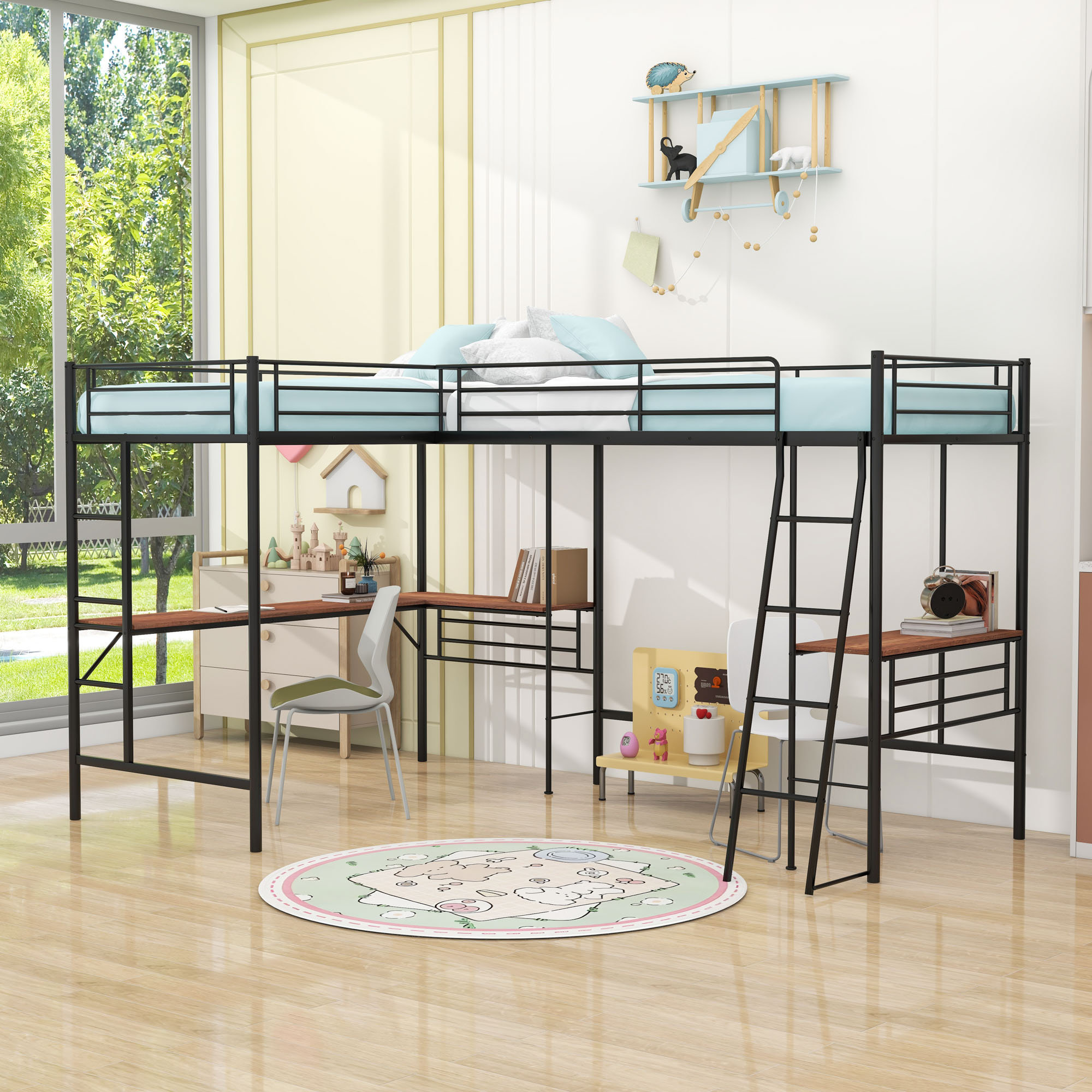 Mason & Marbles Twin And Twin Metal L-Shaped Loft Bed With Dual Desks ...
