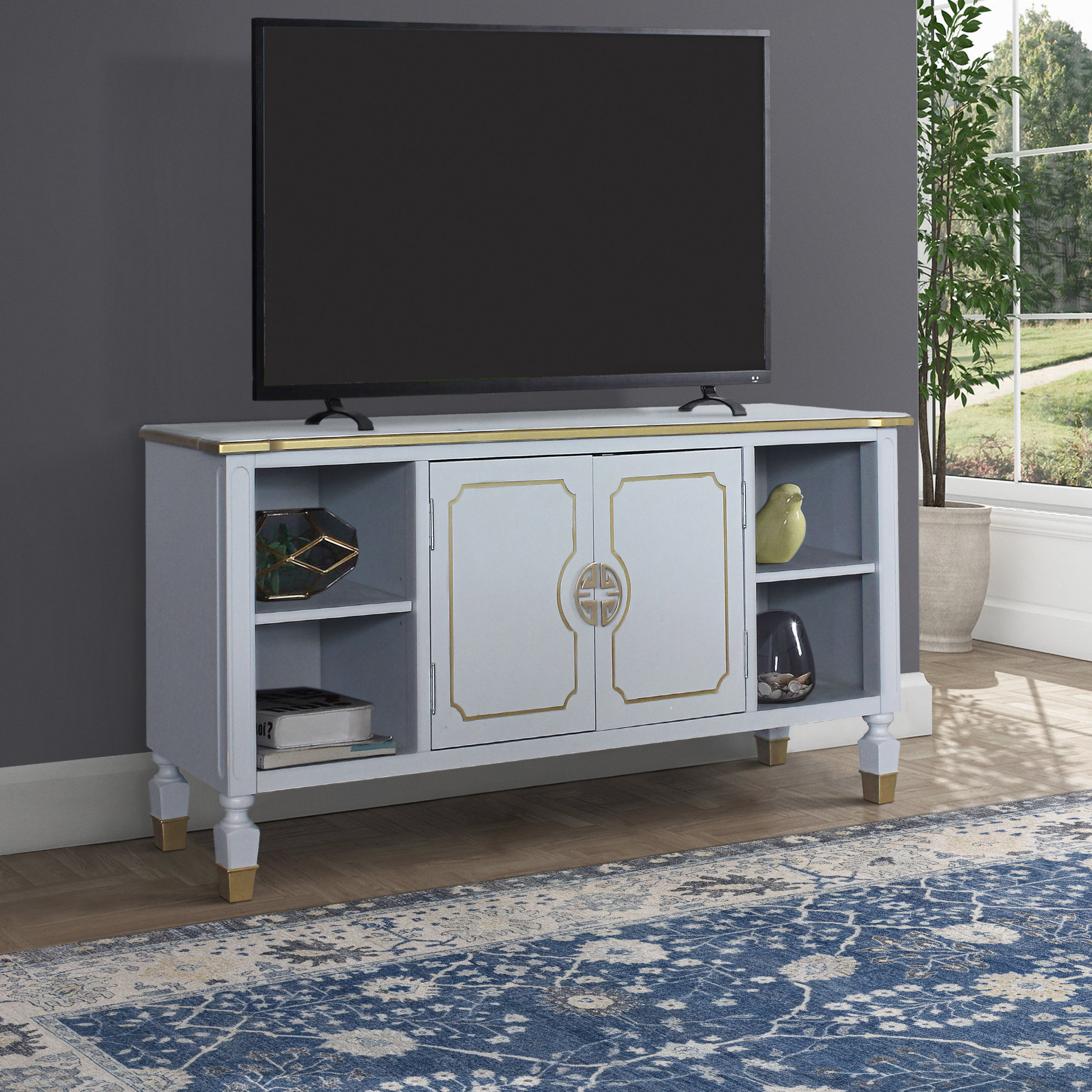 Canora Grey Rogers Pearl Grey TV Stand with Cabinet | Wayfair