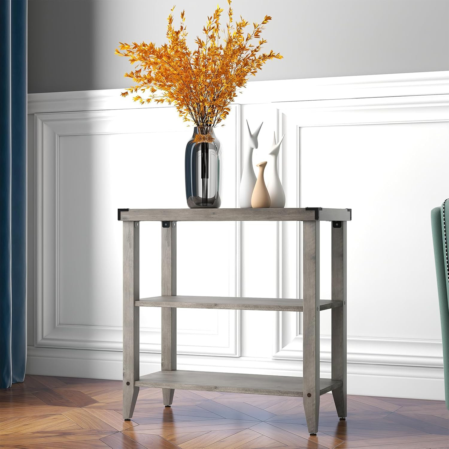 Gracie Oaks Grey Farmhouse End Table, 3 Tier Rustic Side Table | Wayfair