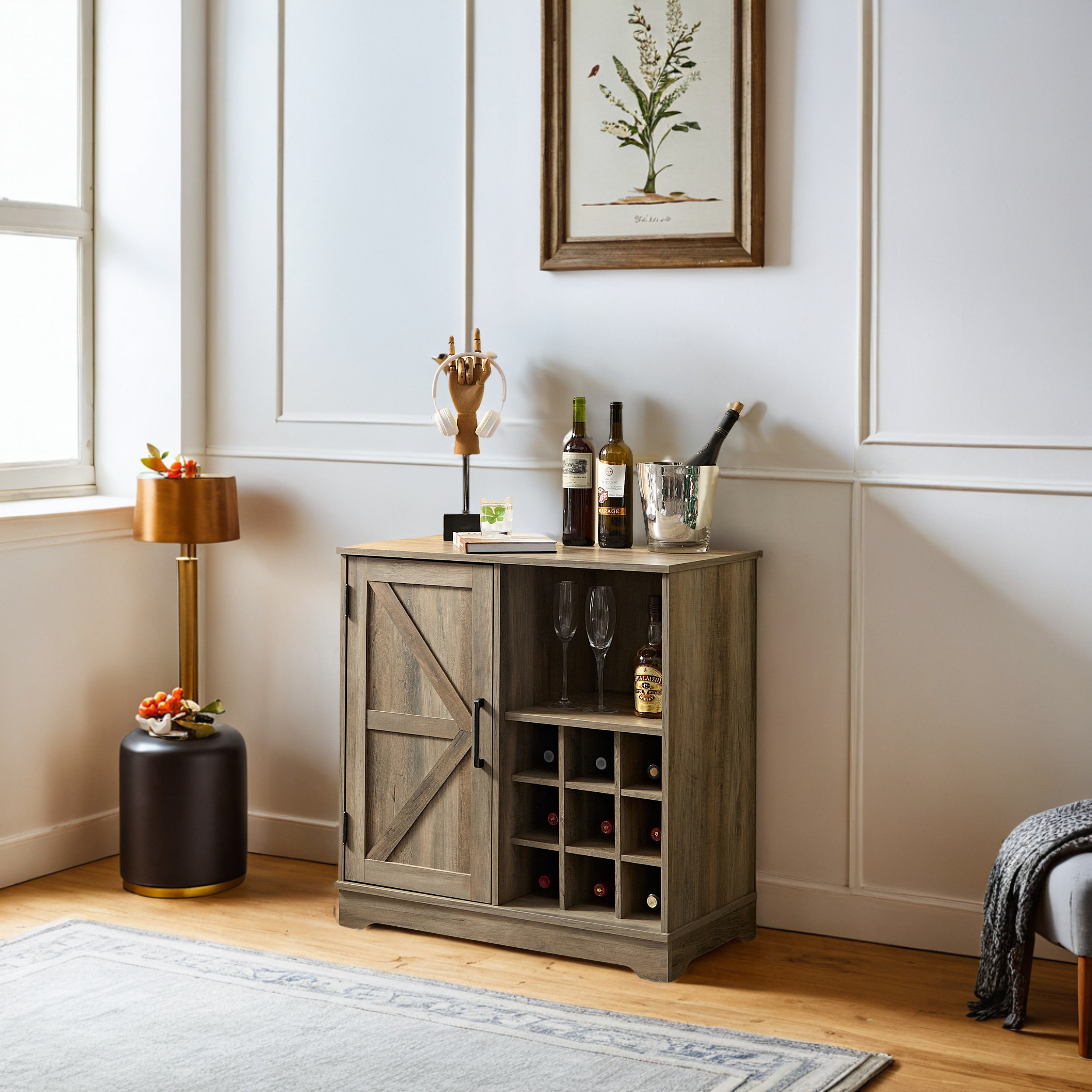 August Grove® Farmhouse Bar Cabinet with Wine Rack, Rustic Buffet ...