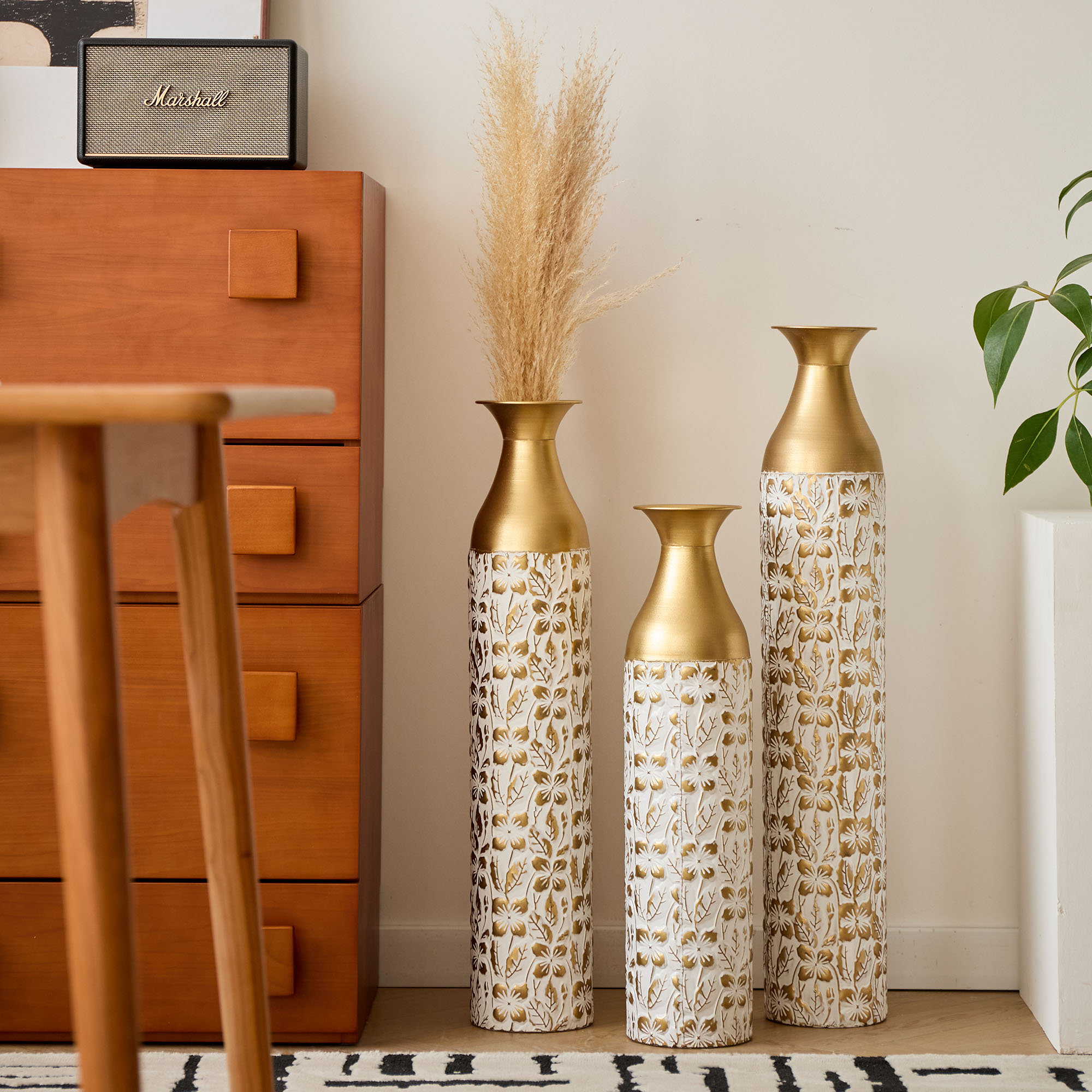 House of Hampton 3-Piece Handmade Gold Floor Vase, Large Metal Vase ...