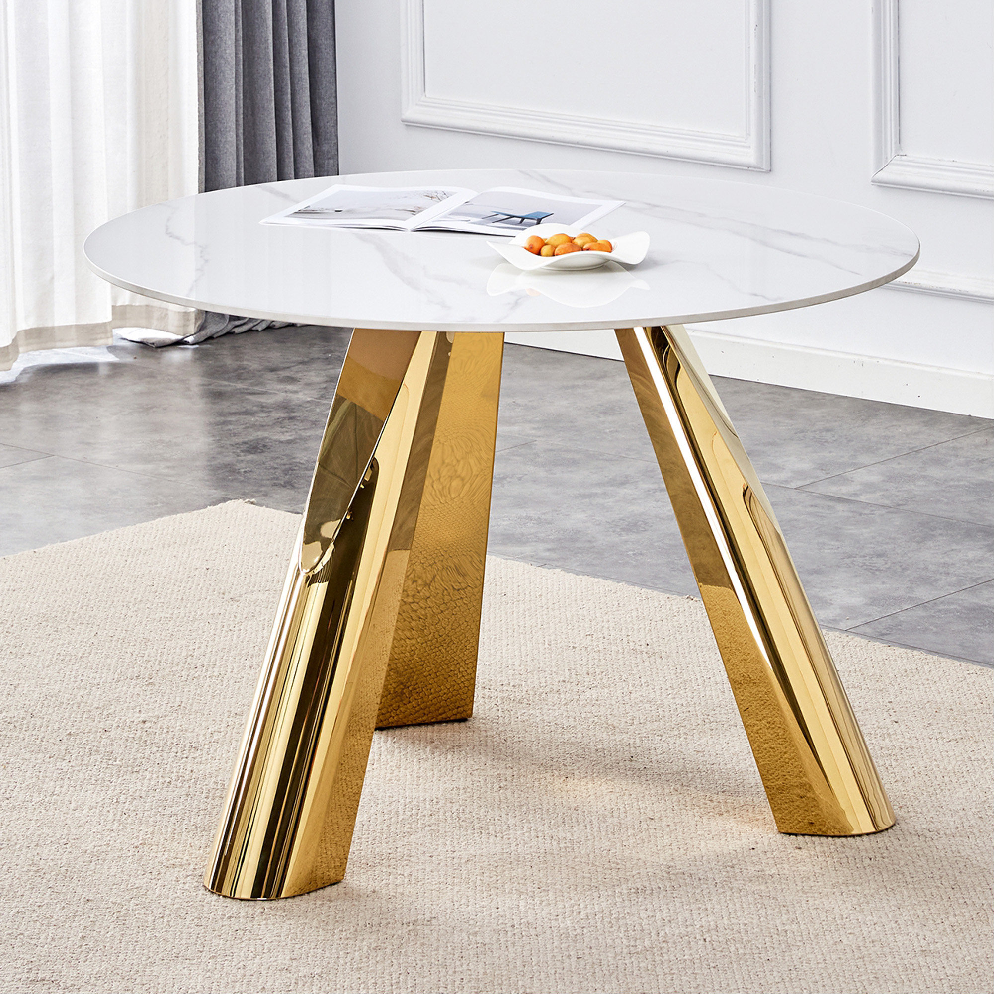 Everly Quinn 42-Inch White Marble Grained Stone Round Table Three-Legged Round Table With ...