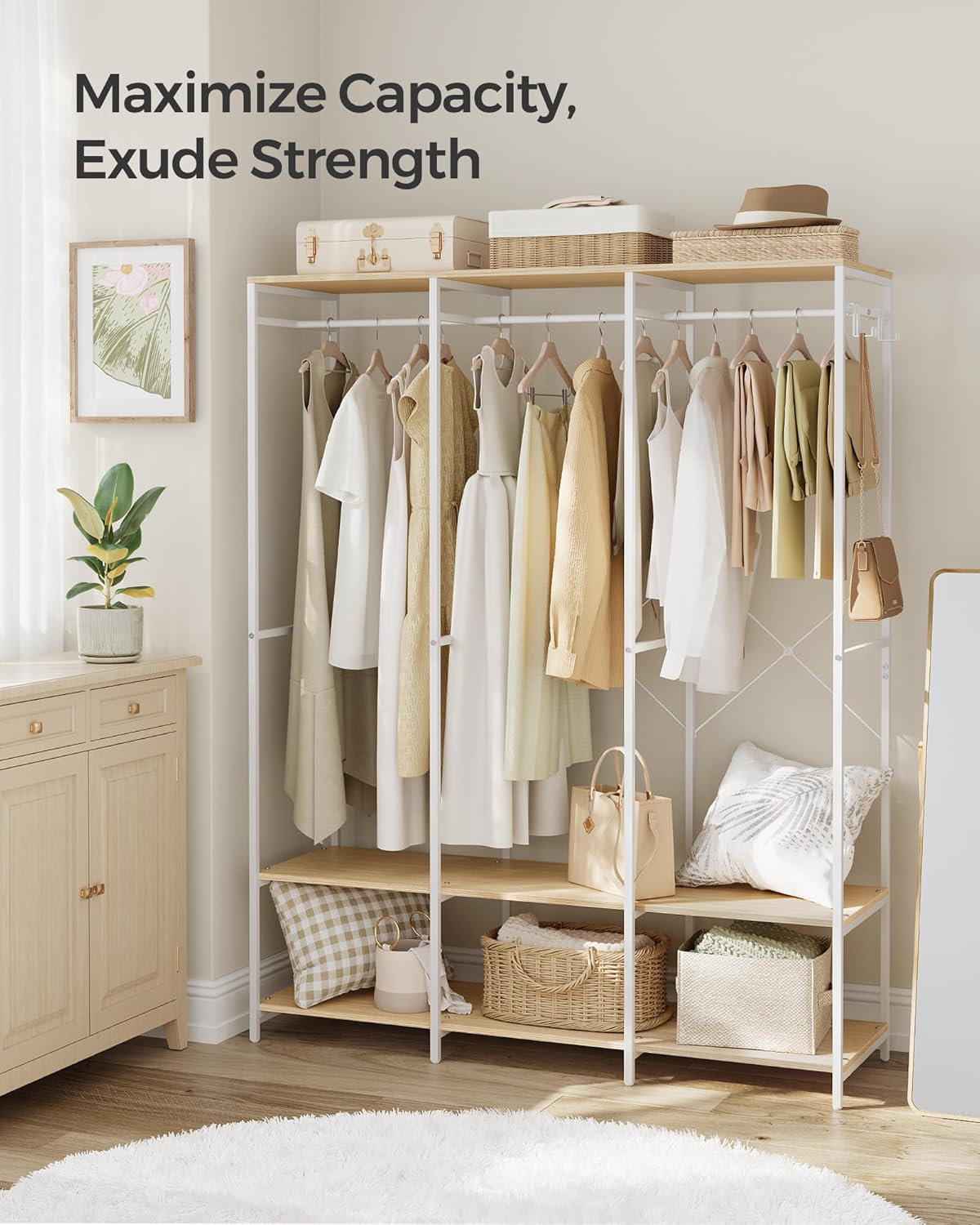 17 Stories Clothes Rack, Iron And Wood Wardrobe Closet Organizer, Heavy ...