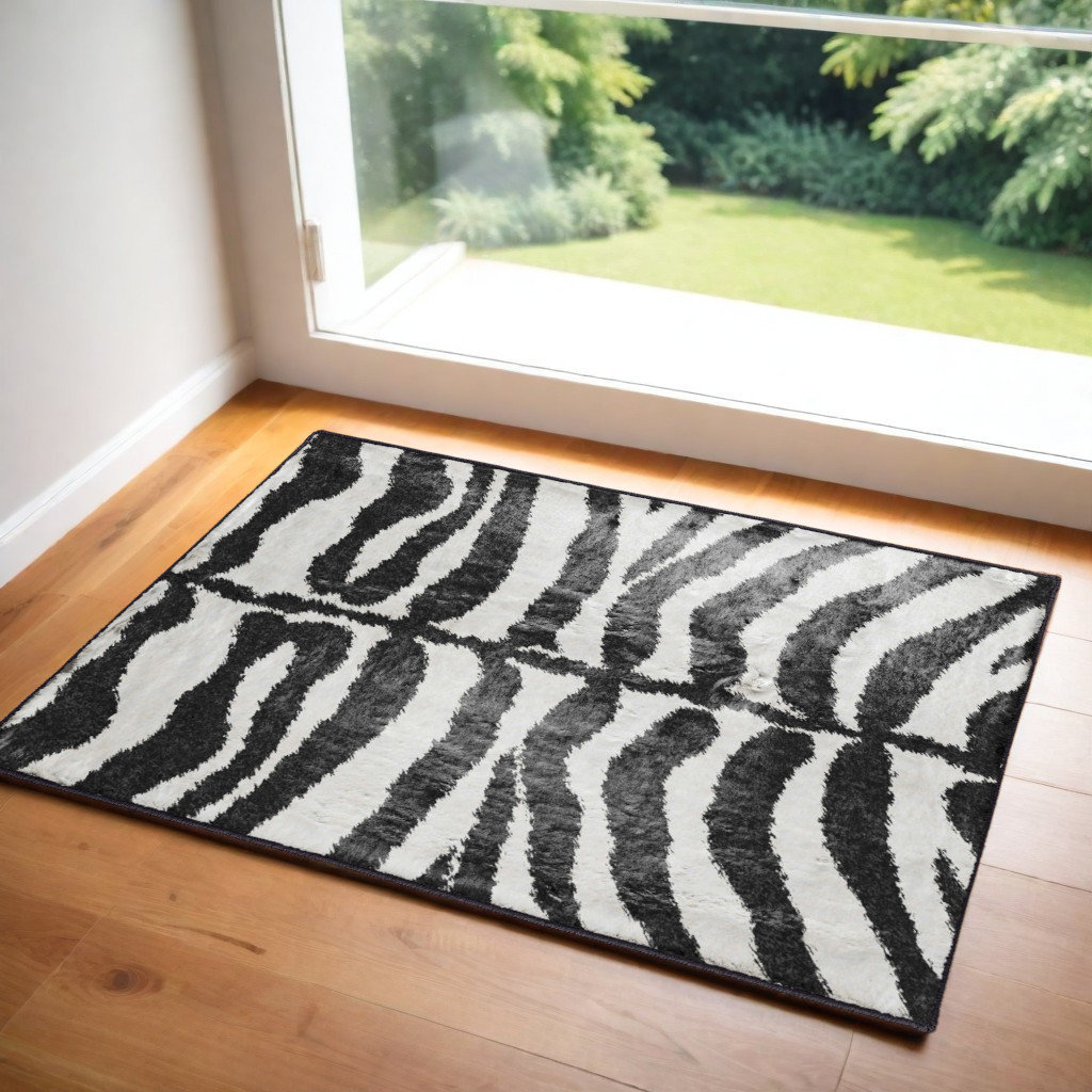 HomeRoots 2' X 3' Black and White Zebra Print Shag Handmade Non Skid ...