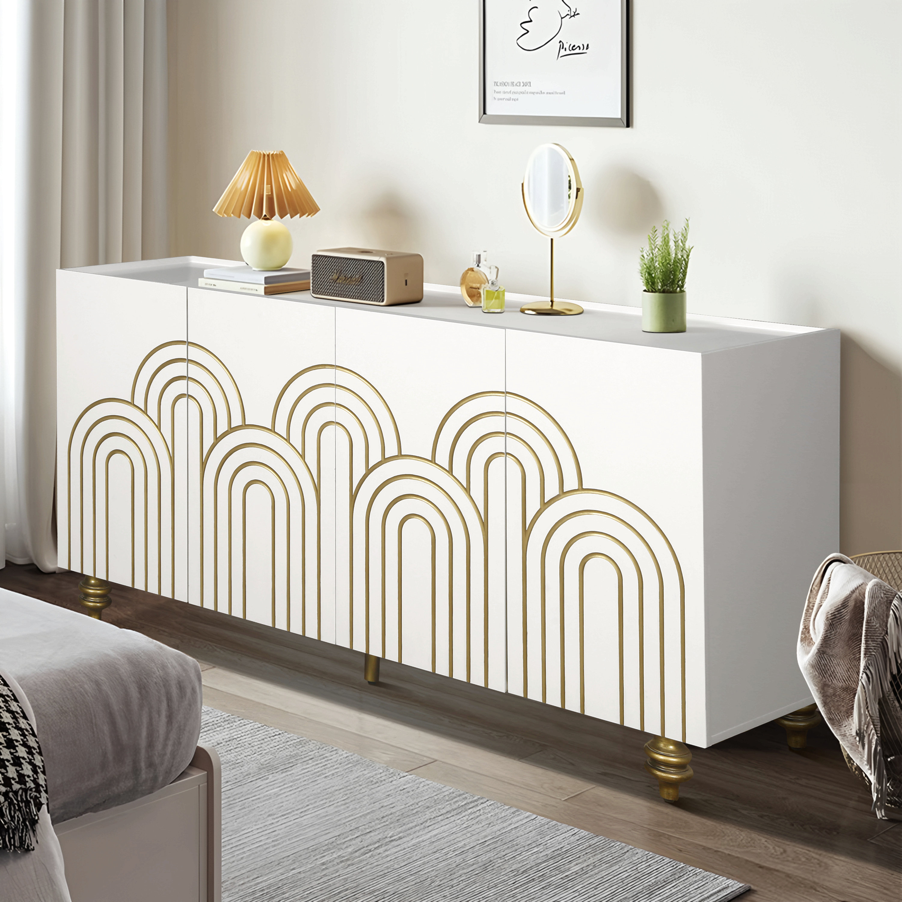 Mercer41 Modern Fluted Sideboard Buffet With Storage, Curve Element ...