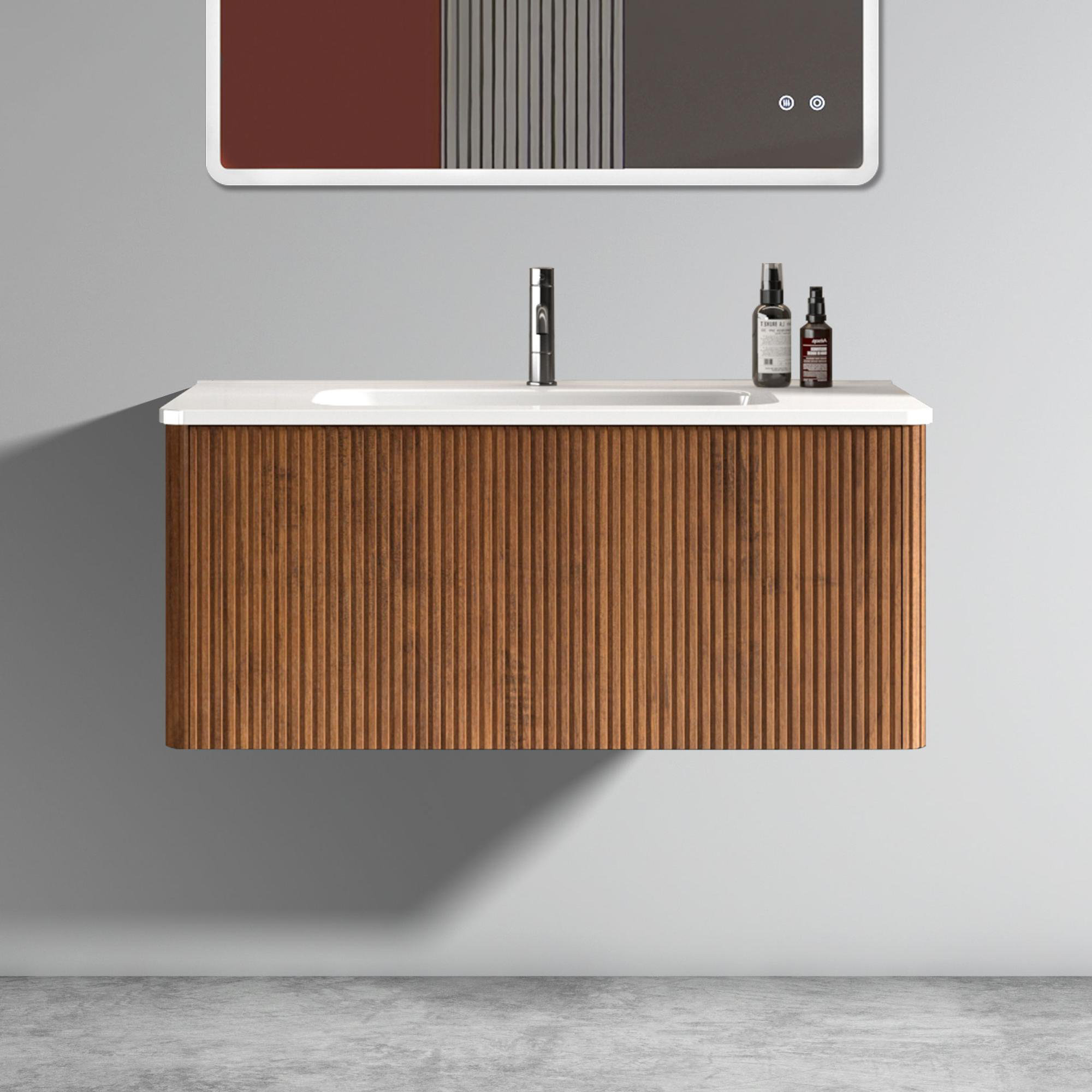 Latitude Run® Striped Walnut Bathroom Vanity with Ceramic Sink | Wayfair