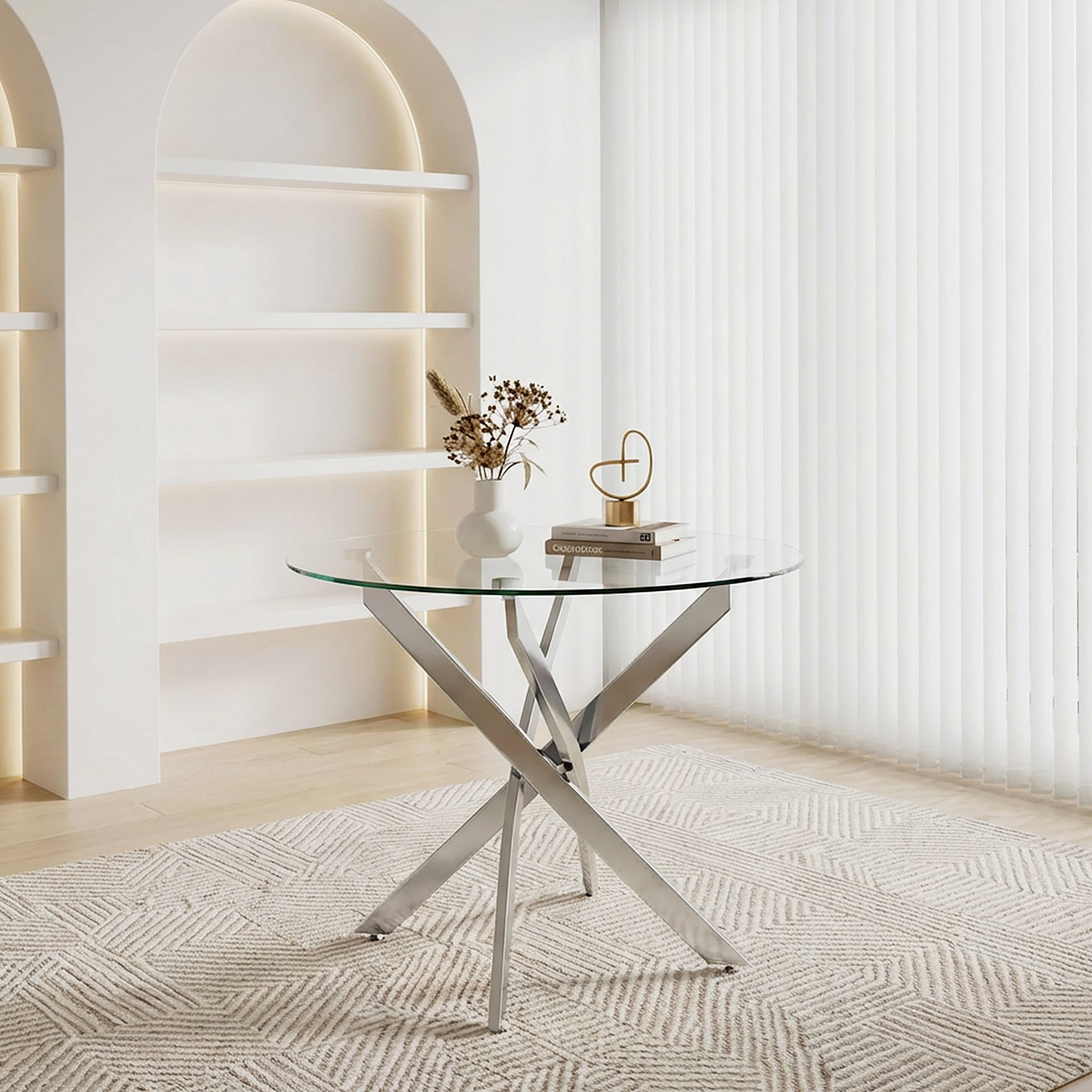 Everly Quinn Round Dining Table, 35.5" Glass Dining Table With Silver ...