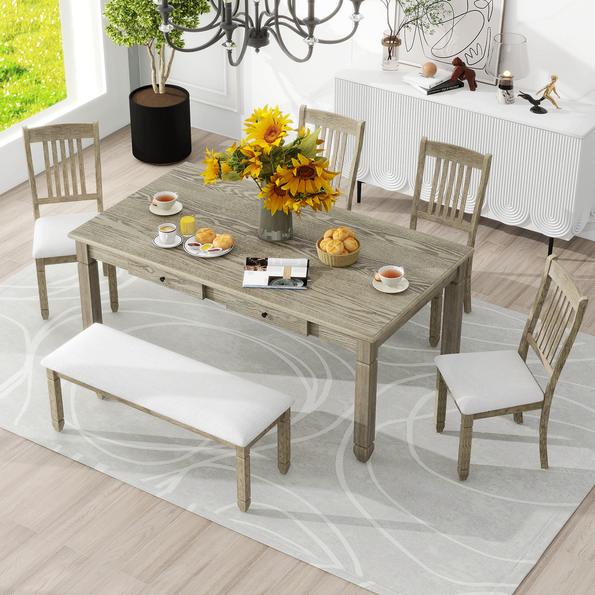 BOMO 6-Piece Retro Rectangular Dining Table Set With 4 Drawers, 4 Upholstered Chairs & 1 Bench ...