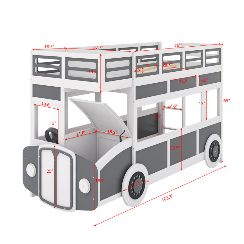 Zoomie Kids Alycee Twin over Twin Bus-shaped Bunk Bed with Wheels and ...