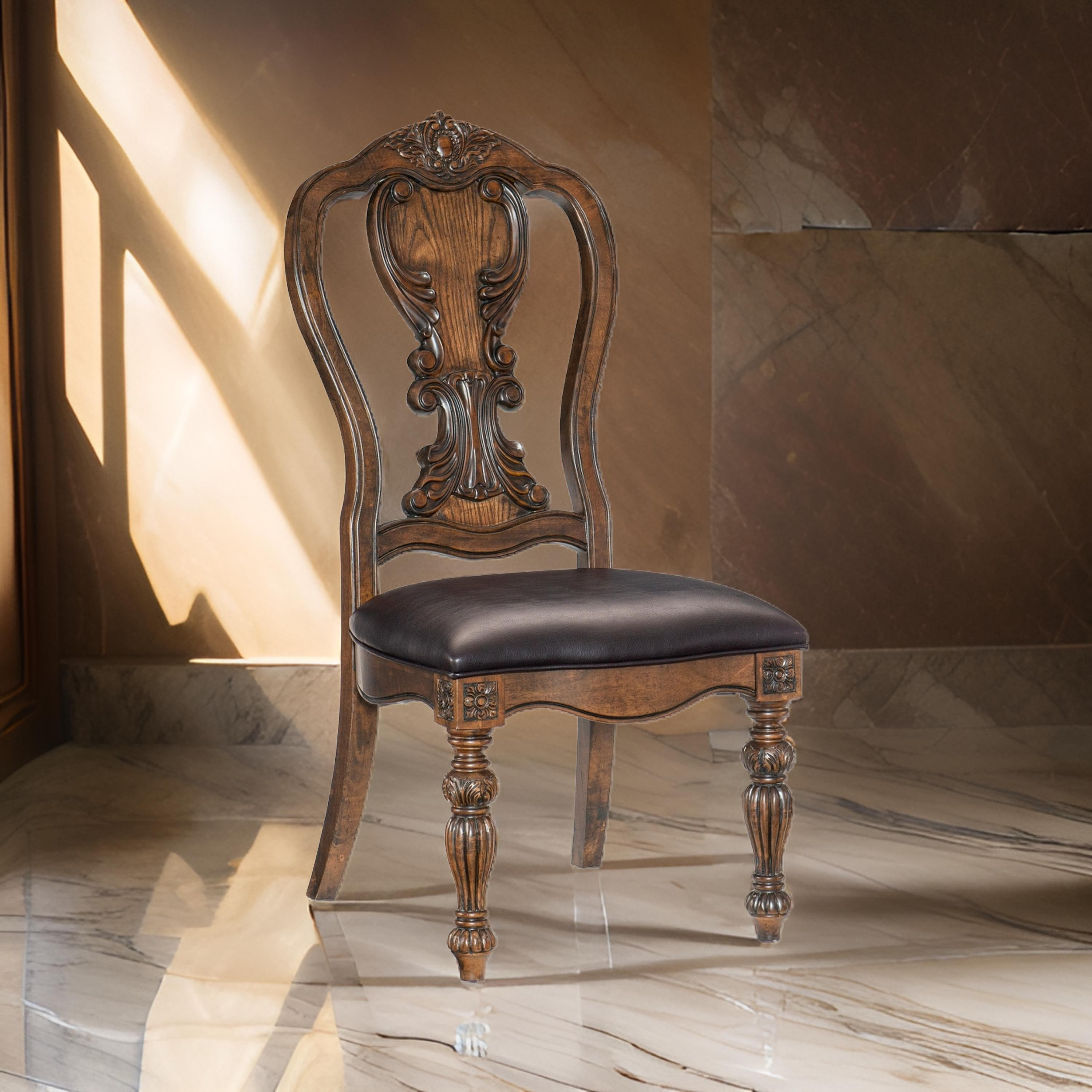 Benjara Devi 22 Inch Side Dining Chair, Cutout Carved Back, Brown Faux ...