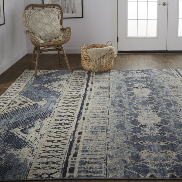 17 Stories Sabria Handmade Hand-Knotted Wool Blue Rug | Wayfair