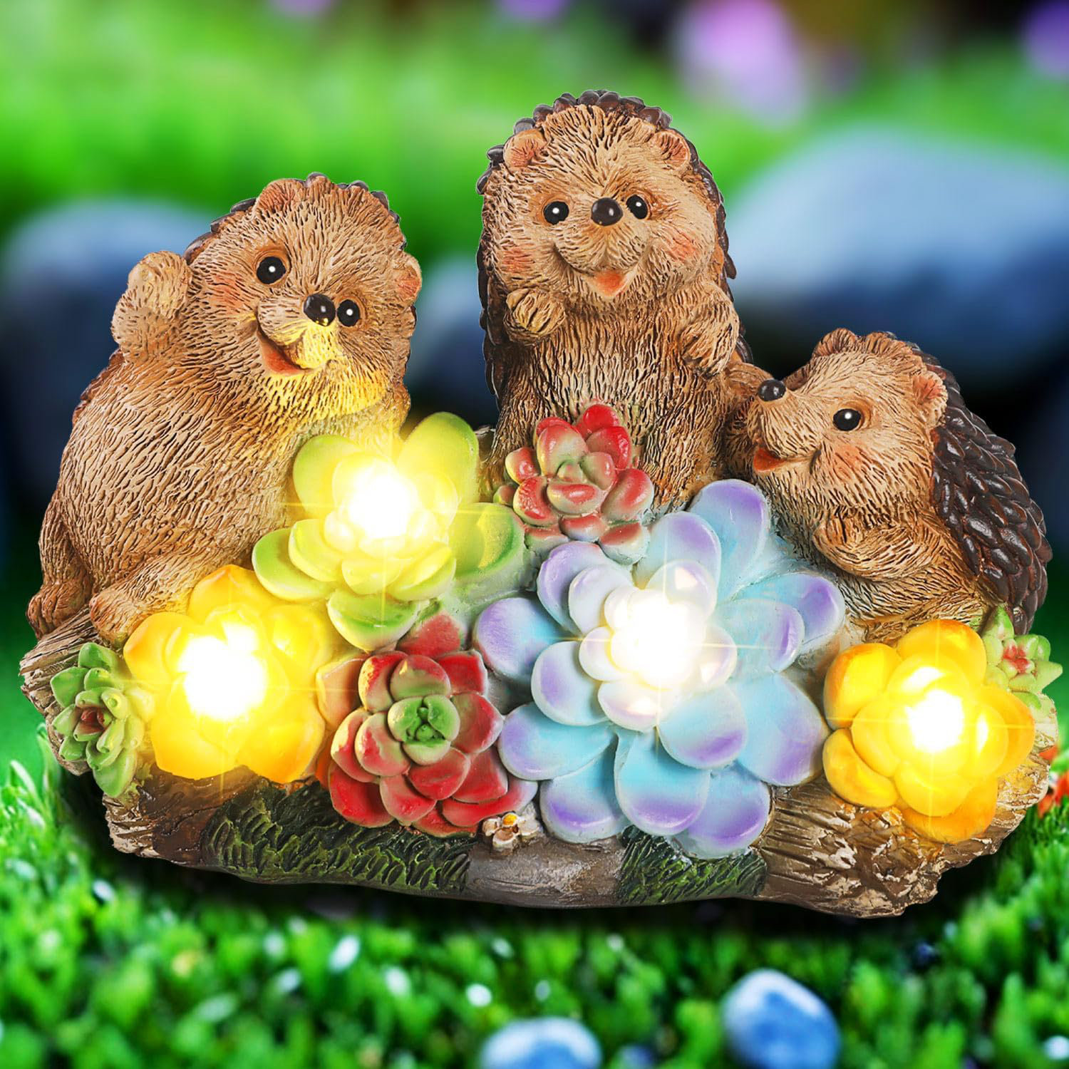 LinsCraft 3 Hedgehog Solar Garden Statues With Succulent,Outdoor Lights ...