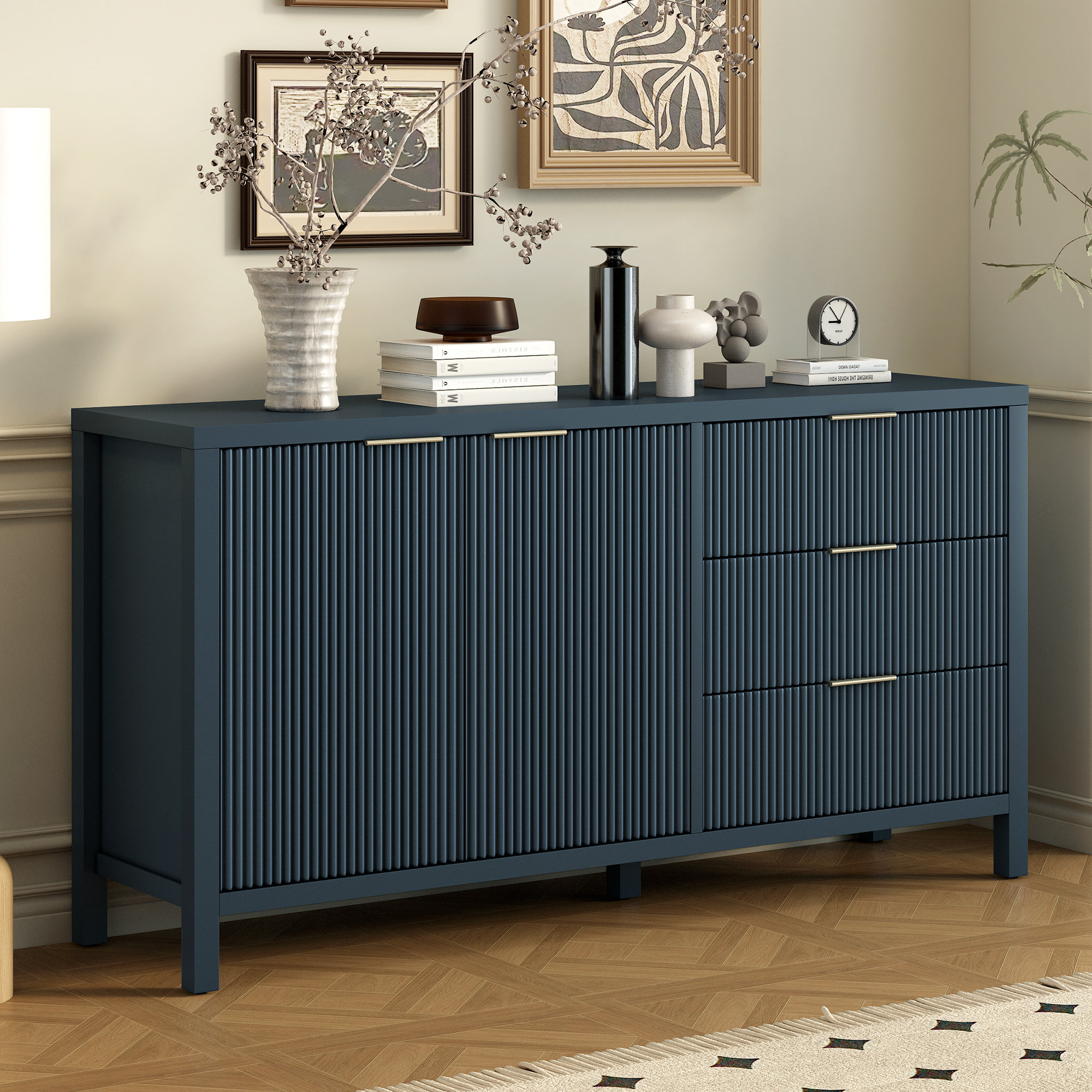 Latitude Run® Wave-pattern Navy Sideboard With Functional Storage For ...