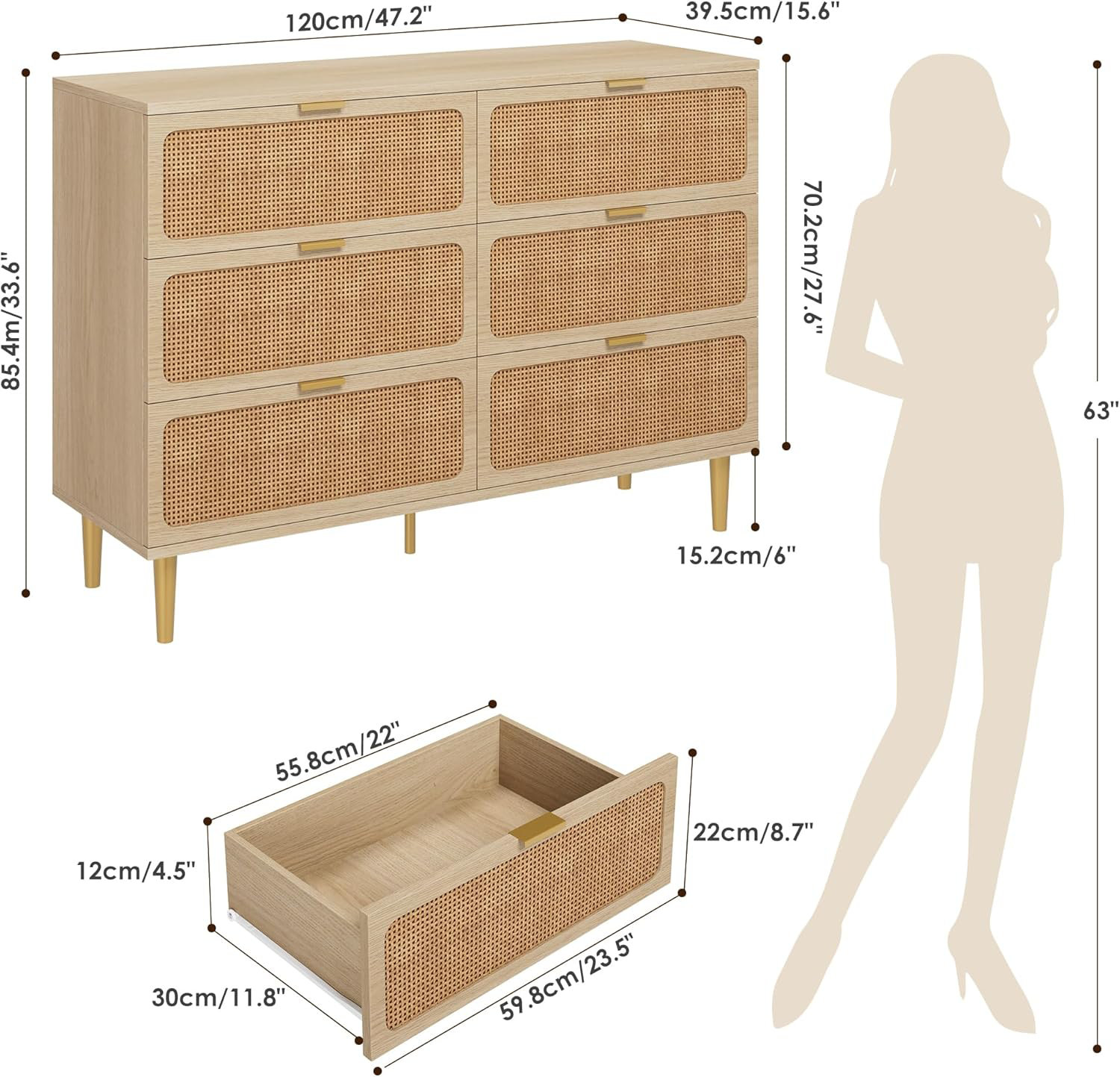 Bay Isle Home™ 6 Drawer Dresser For Bedroom, Rattan Chest Of Drawers ...