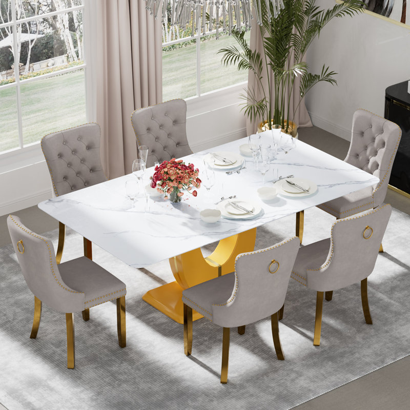Rosdorf Park 7-Piece Rectangle Marble Texture Dining Table Set | Wayfair